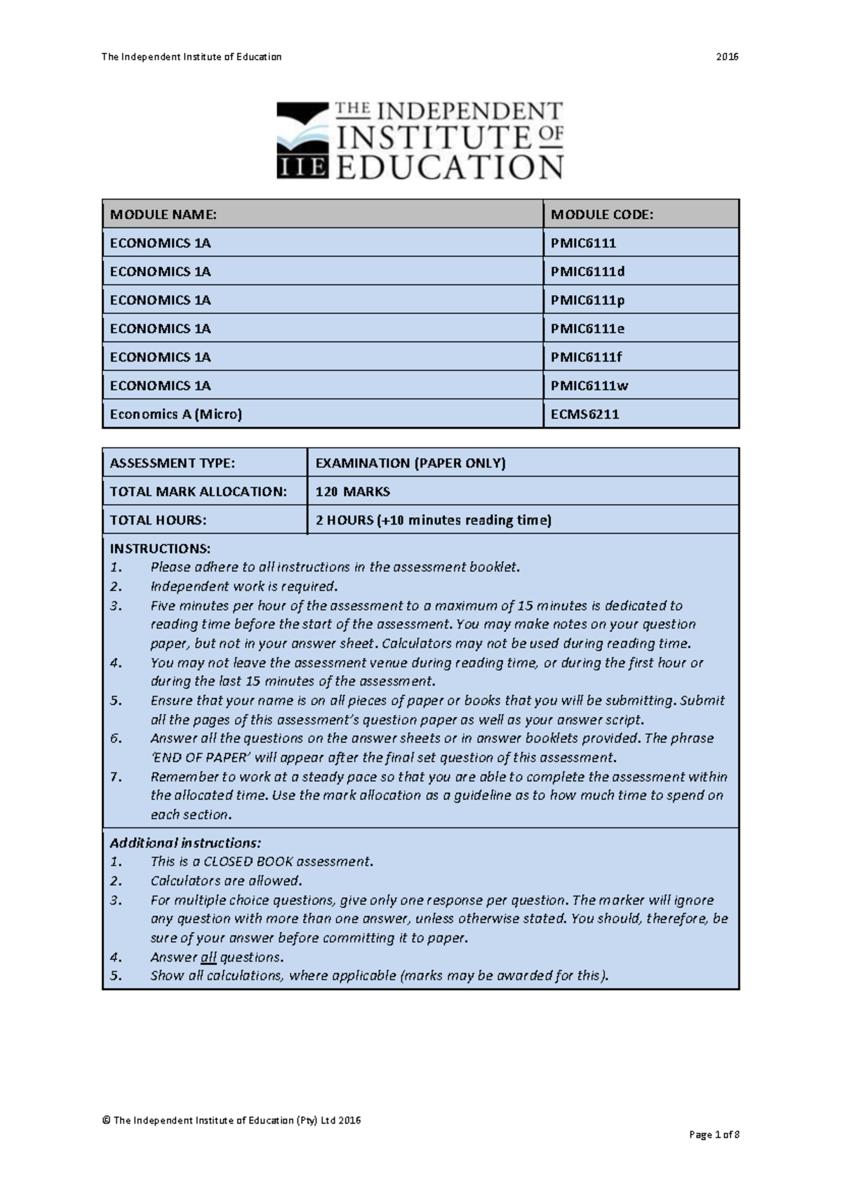PMIC 6111Ea.pdf exam 2016 - MODULE NAME: MODULE CODE: ECONOMICS 1A PMIC ECONOMICS 1A PMIC6111d ...