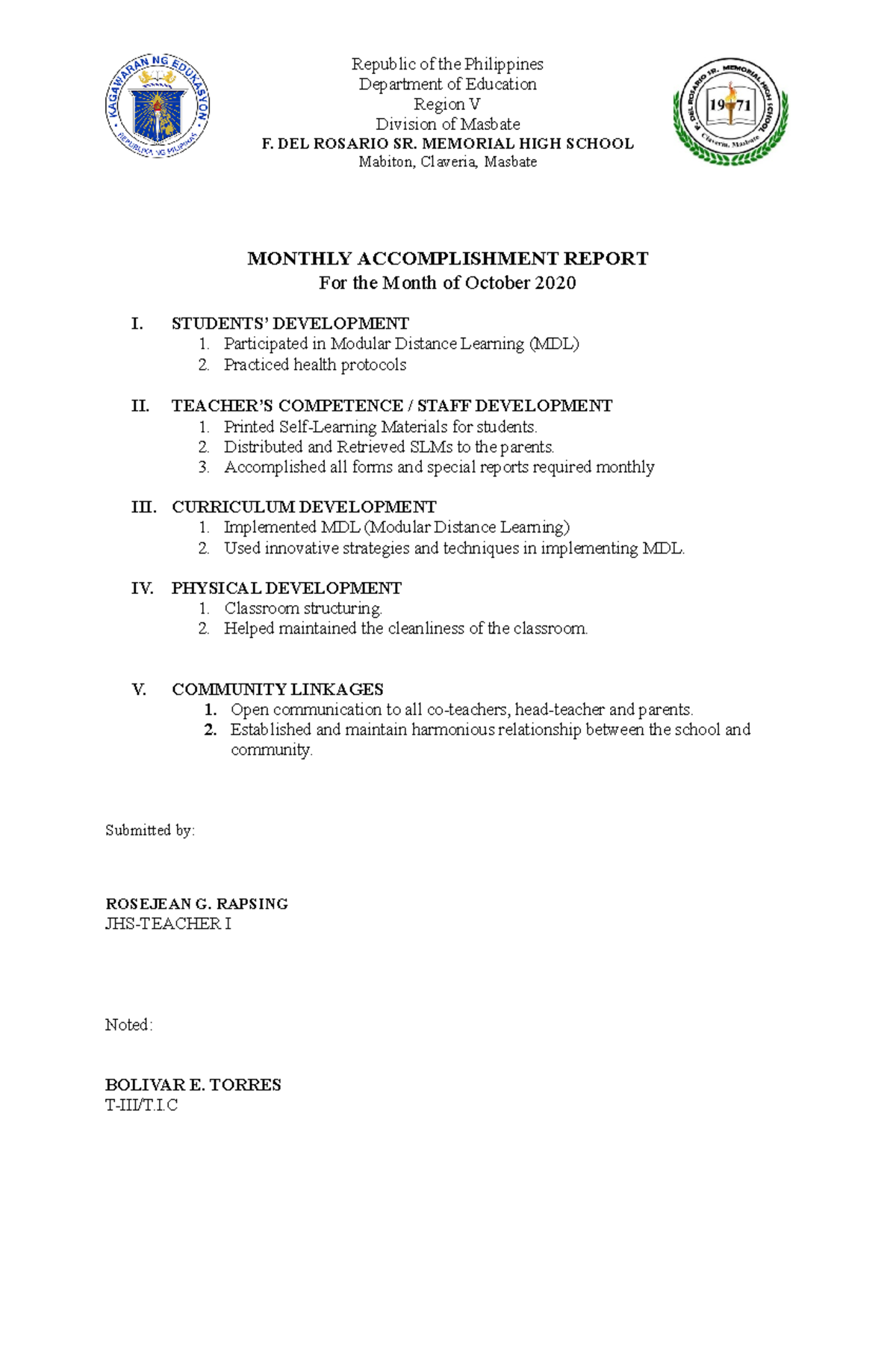 Accomplishment Report OCT Department Of Education Region V Division