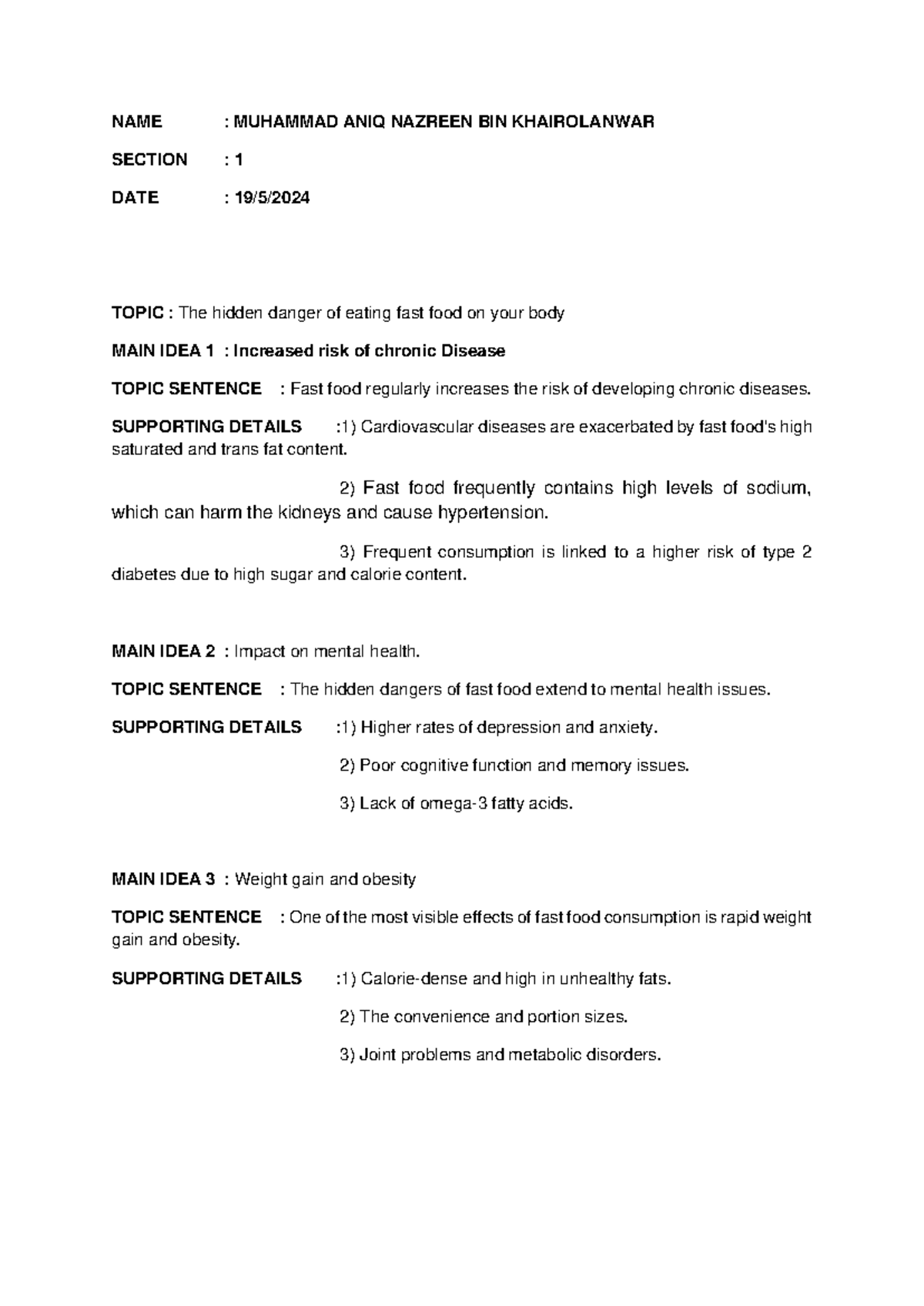 Essay English Communication - NAME : MUHAMMAD ANIQ NAZREEN BIN KHAIROLANWAR SECTION : 1 DATE ...