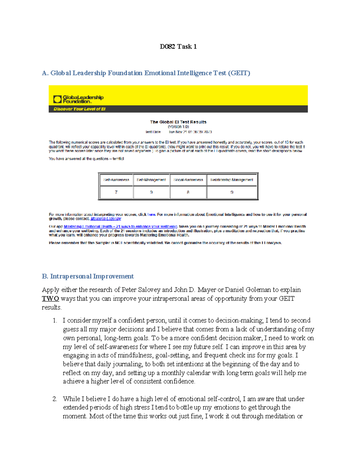 D082 Task 1 - Passed - D082 Task 1 A. Global Leadership Foundation ...