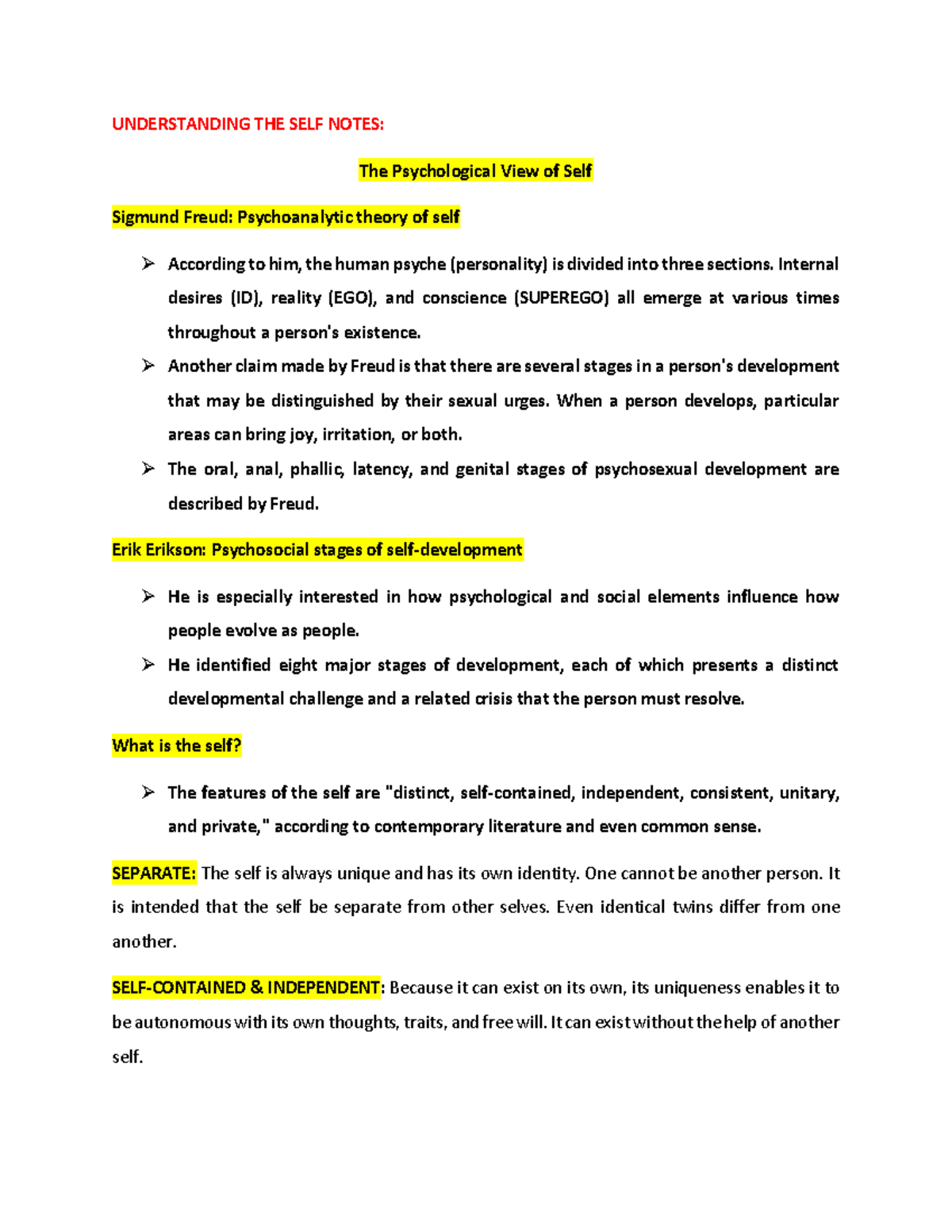 Understanding THE SELF - UNDERSTANDING THE SELF NOTES: The ...
