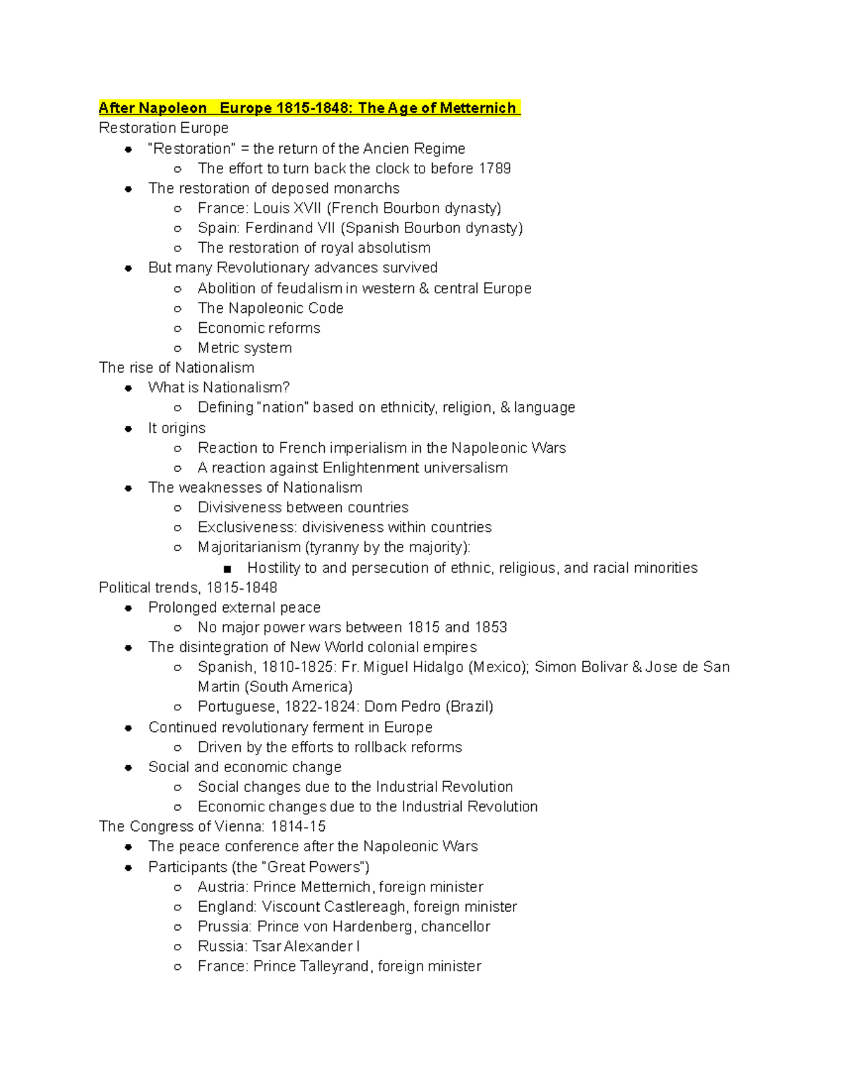 Humanities Notes Unit 2 - After Napoleon Europe 1815-1848: The Age of ...