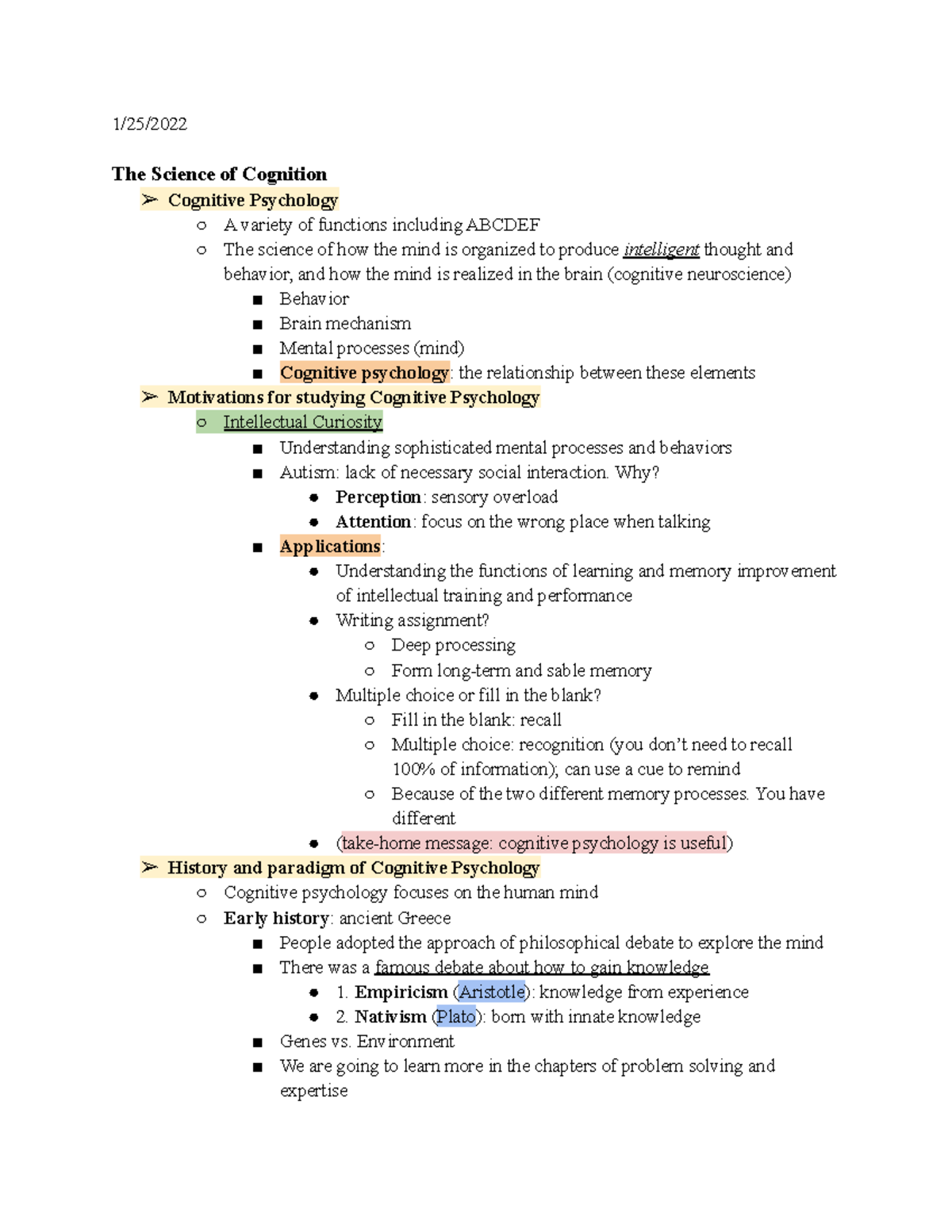 Cognitive Psychology Notes - 1/25/ The Science of Cognition Cognitive ...
