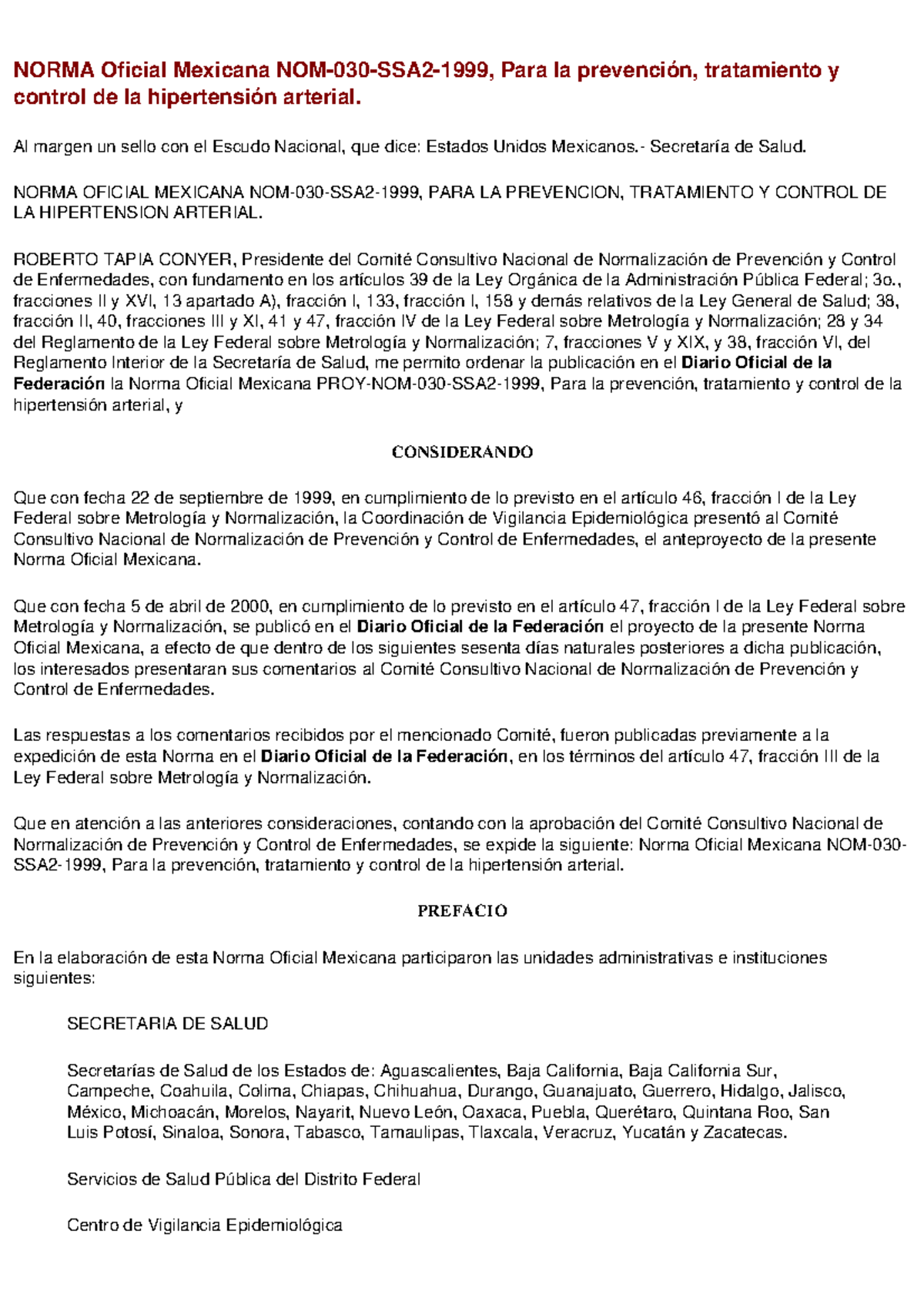 NOM-030-SSA2-1999 Hipertensión arterial - NORMA Oficial Mexicana NOM-030-SSA2-1999, Para la ...