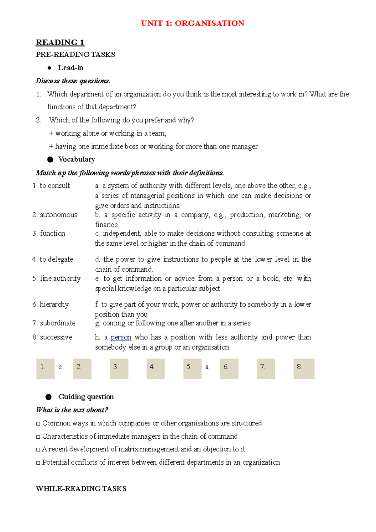 M1 Reading 1 của 6 units - ....... - UNIT 1: ORGANISATION READING 1 PRE ...