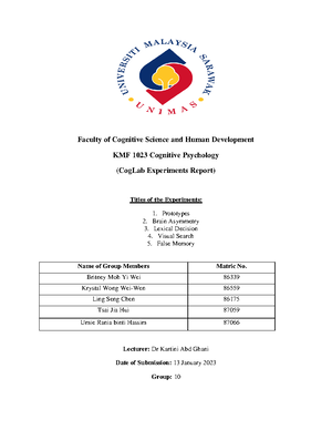 Coglab Report template - Faculty of Cognitive Science and Human Development KMF 1023 Cognitive ...