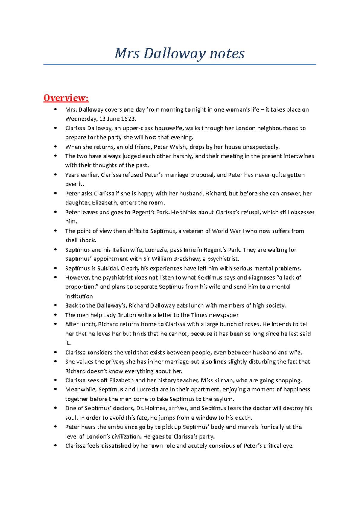 Mrs Dalloway by Virginia Woolf random extra notes - Mrs Dalloway notes ...