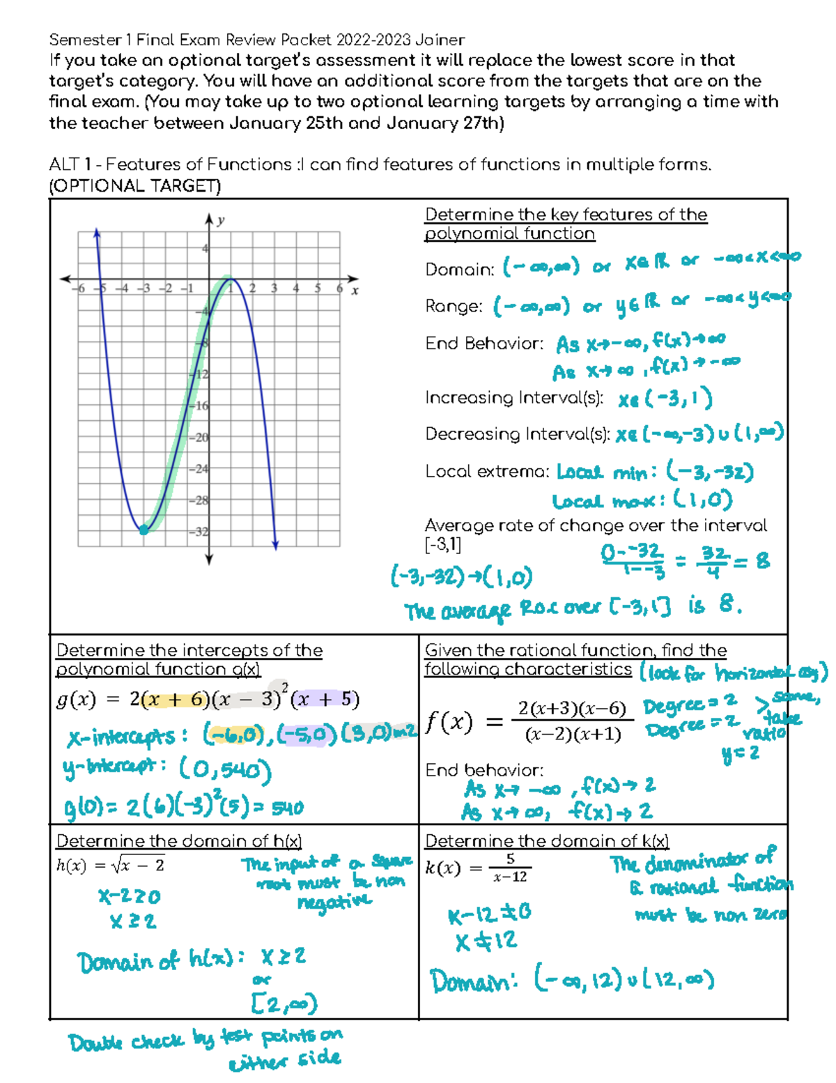 Semester 1 Review Pre Calculus 2022-2023 (Complete) - If you take an ...