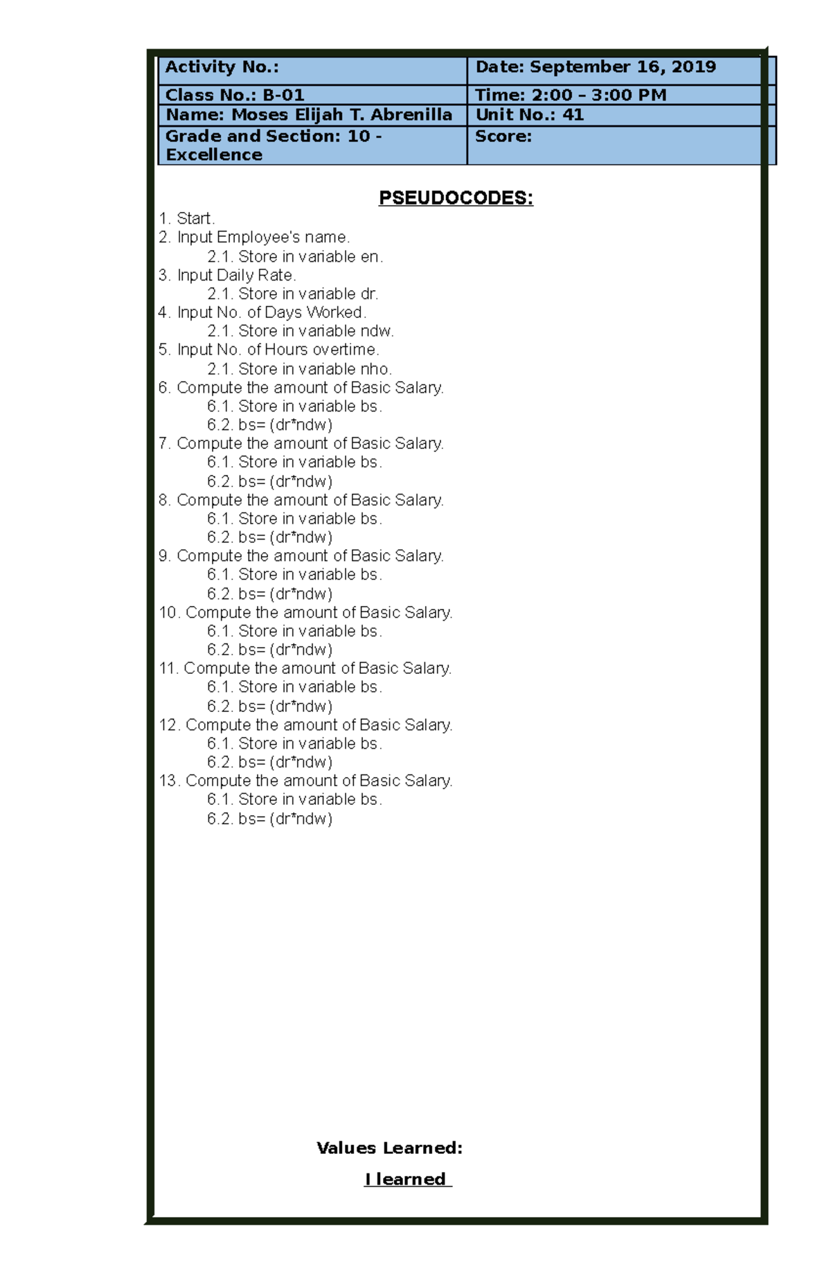 Pseudo - Computer activity - Activity No.: Date: September 16, 2019 ...