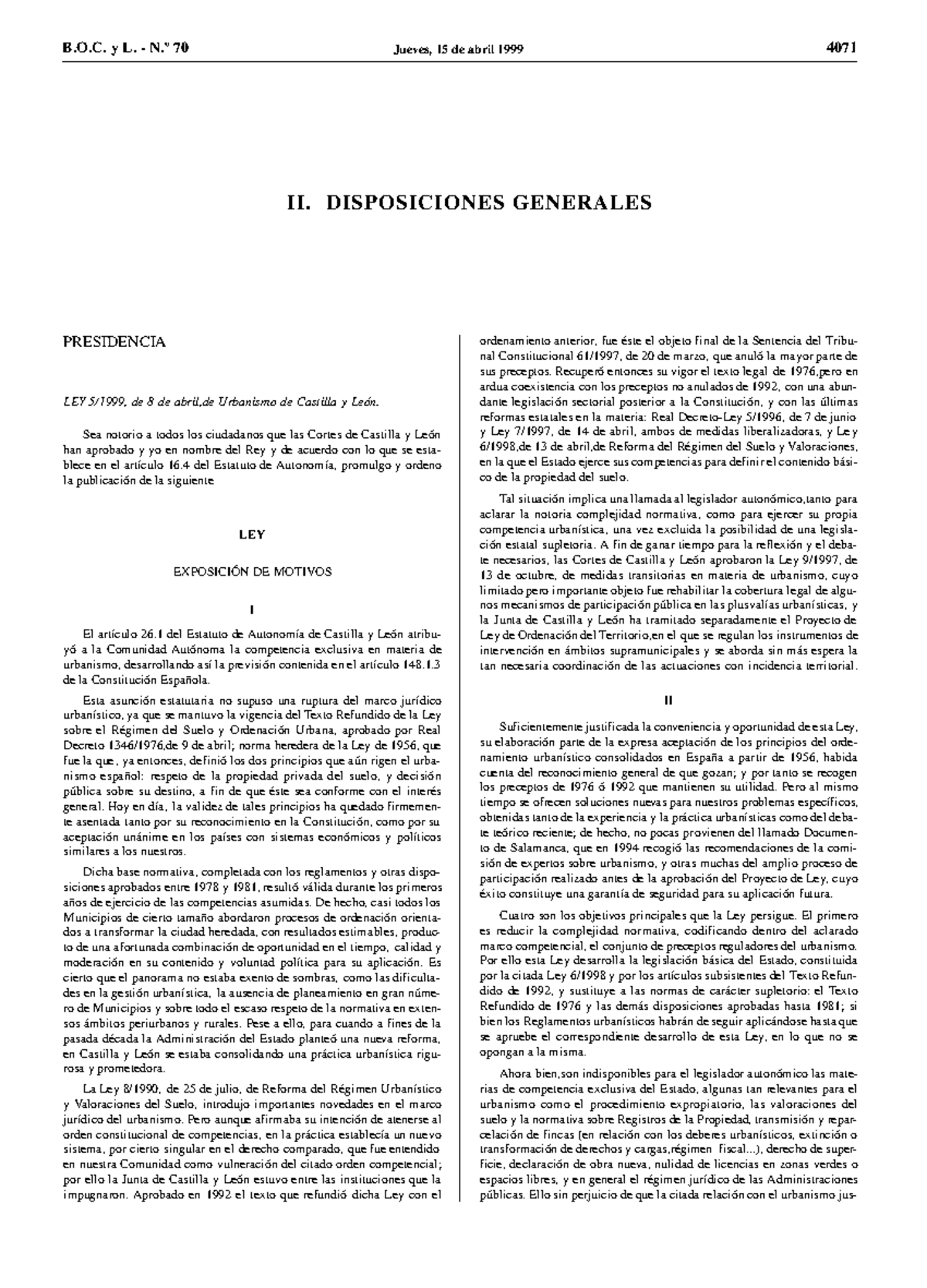 Ley 5 1999 Urbanismo BOCy L,0 - II. DISPOSICIONES GENERALES B.O. y L ...