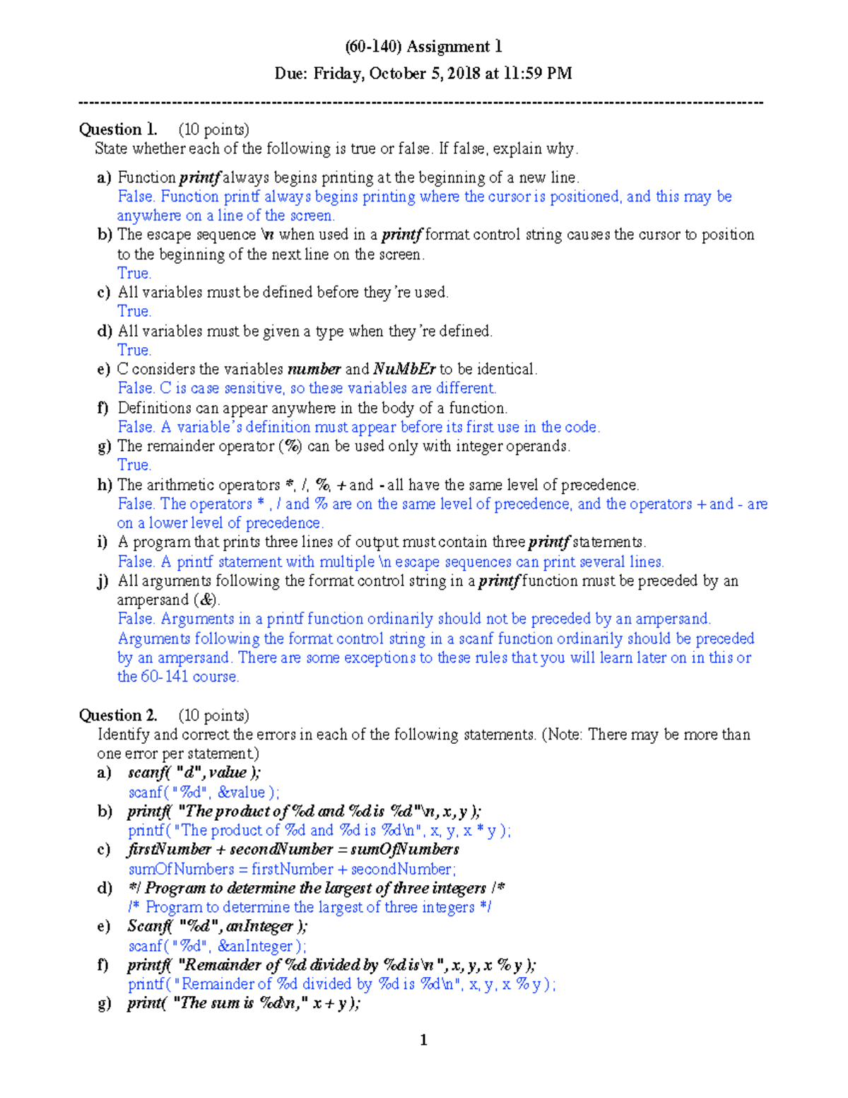 Assignment 1v2-Sample Solutions - (60-140) Assignment 1 Due: Friday ...