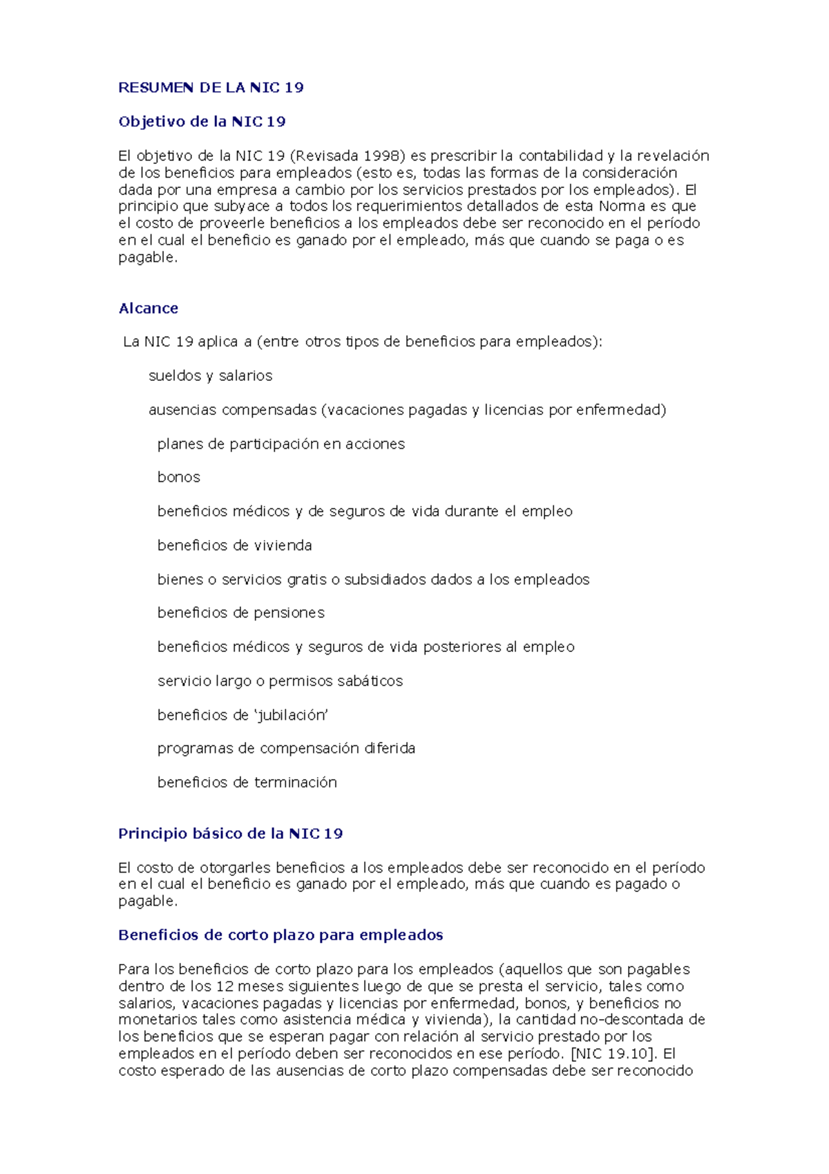 Resumen DE LA NIC 19 - El objetivo de la NIC 19 (Revisada 1998) es ...