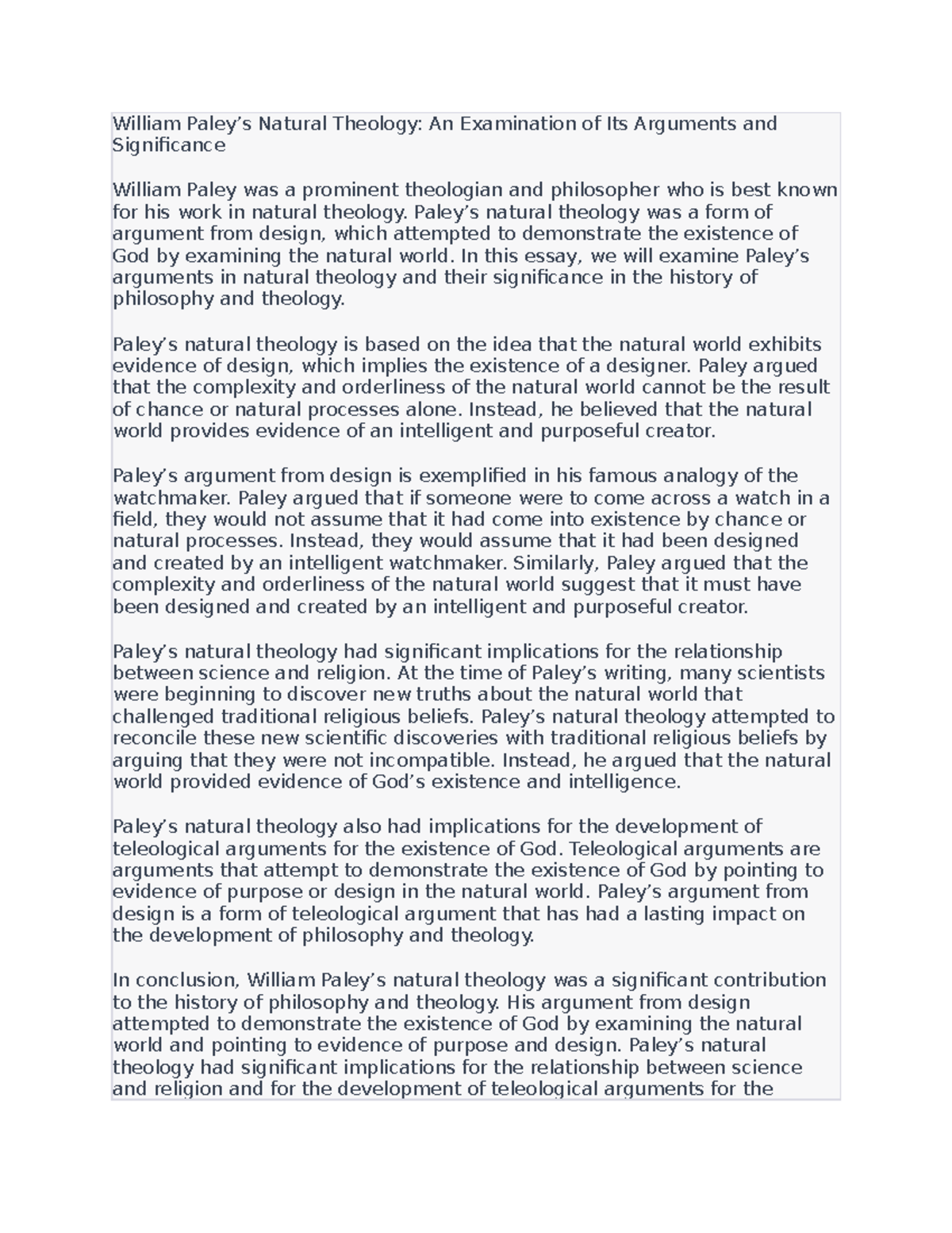 William Paley’s Natural Theology - An Examination of Its Arguments and ...