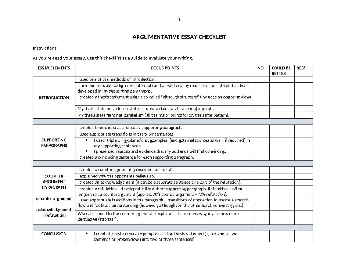 Checklist for an Argumentative Essay - 1 ARGUMENTATIVE ESSAY CHECKLIST ...