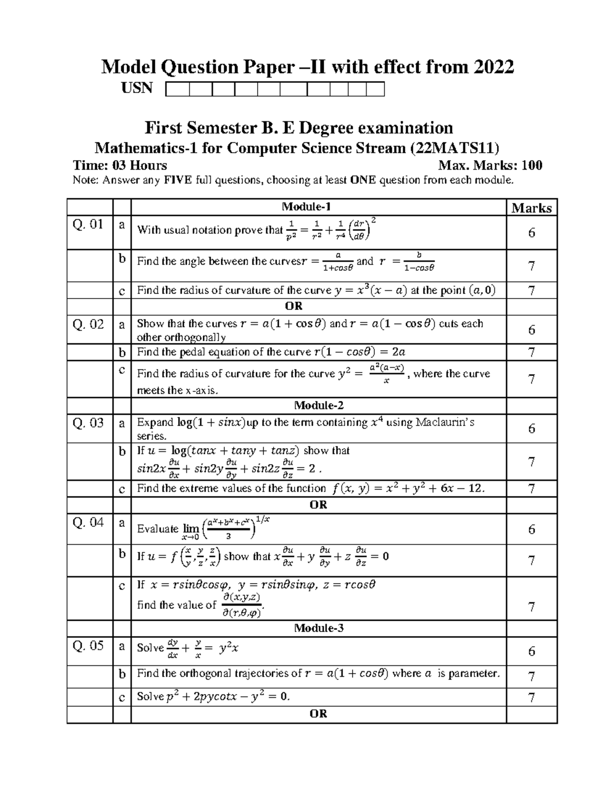2MATS11set2 - I want key answers - Model Question Paper – II with ...