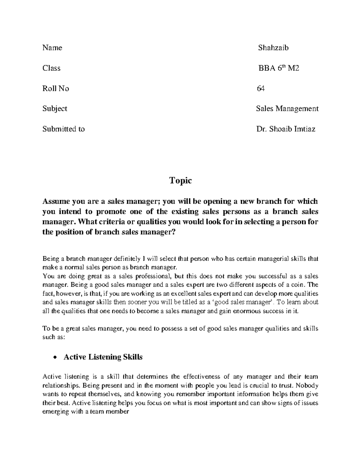 Sales Management - Name Shahzaib Class BBA 6th M Roll No 64 Subject ...