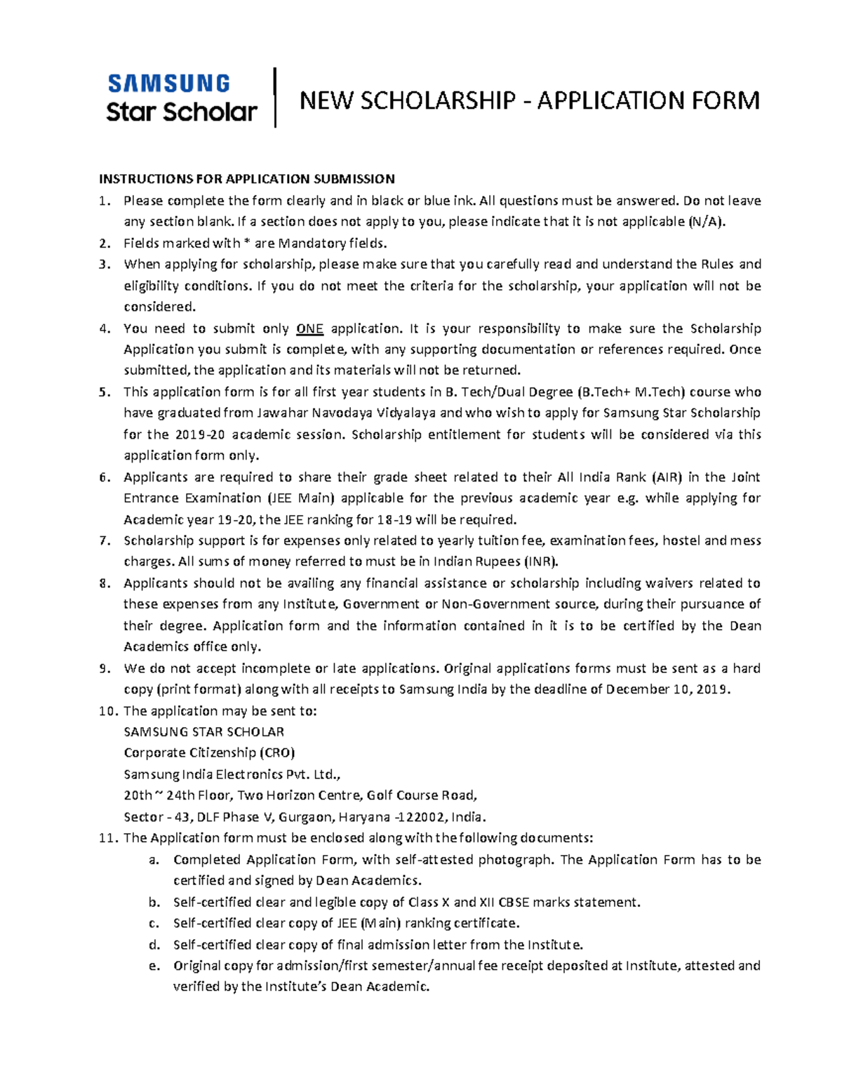 New Scholarship Application Form - INSTRUCTIONS FOR APPLICATION ...