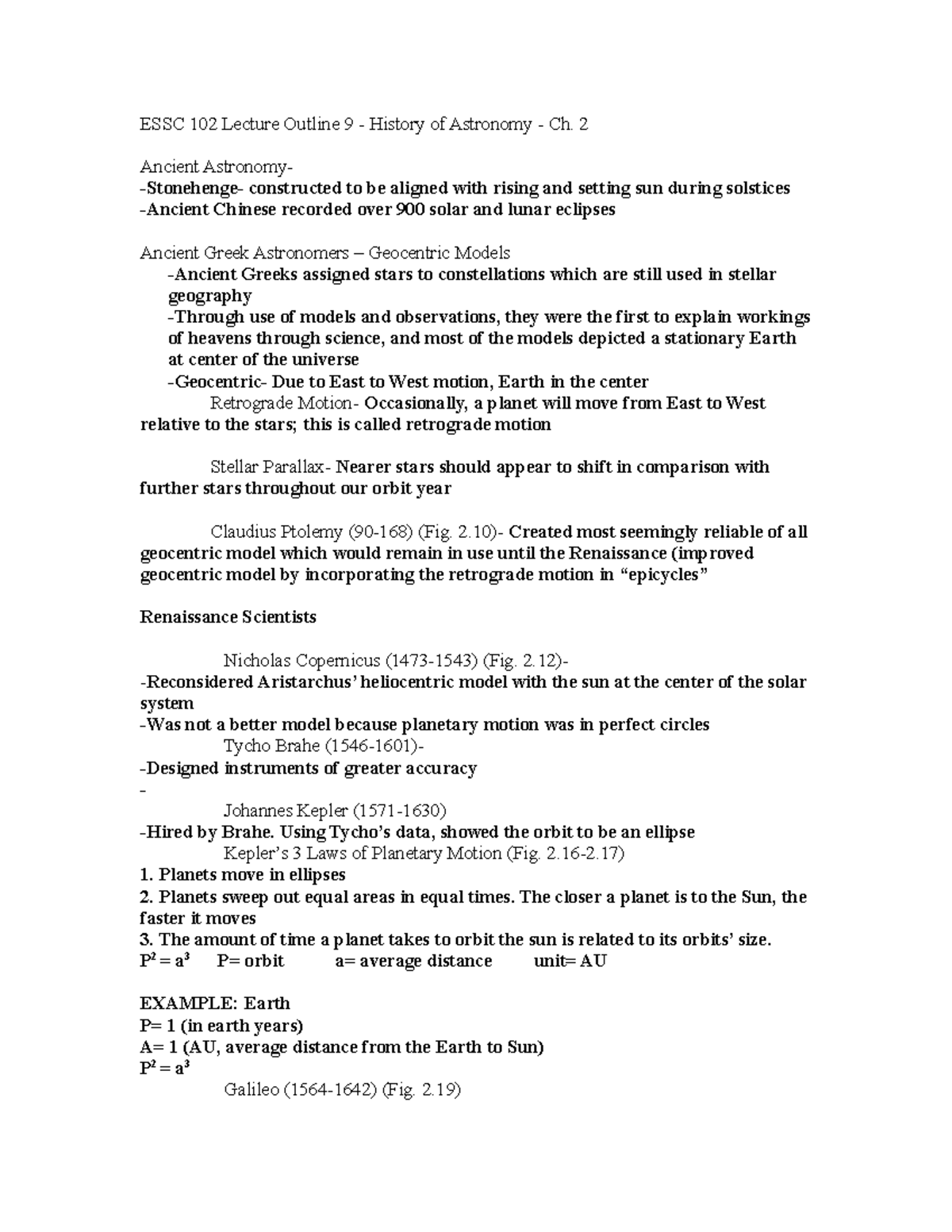 Lecture Outline 9 History of Astronomy - ESSC 102 Lecture Outline 9 ...