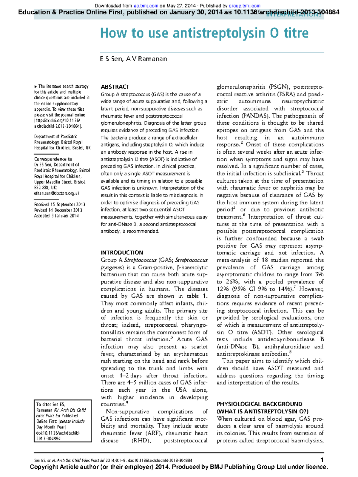 Fiebre reumática 5 - How to use antistreptolysin O titre E S Sen, A V ...