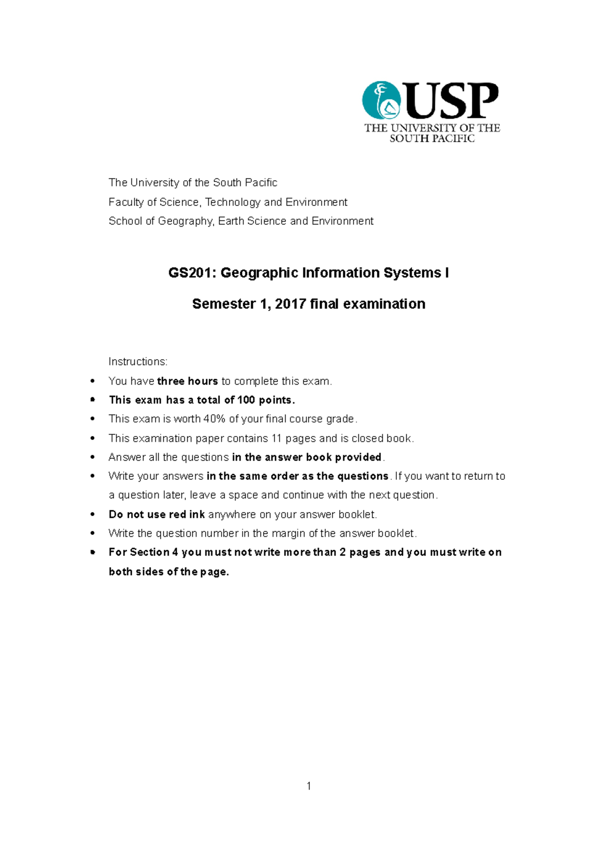 GS201 2017 semester 1 final exam - The University of the South Pacific ...