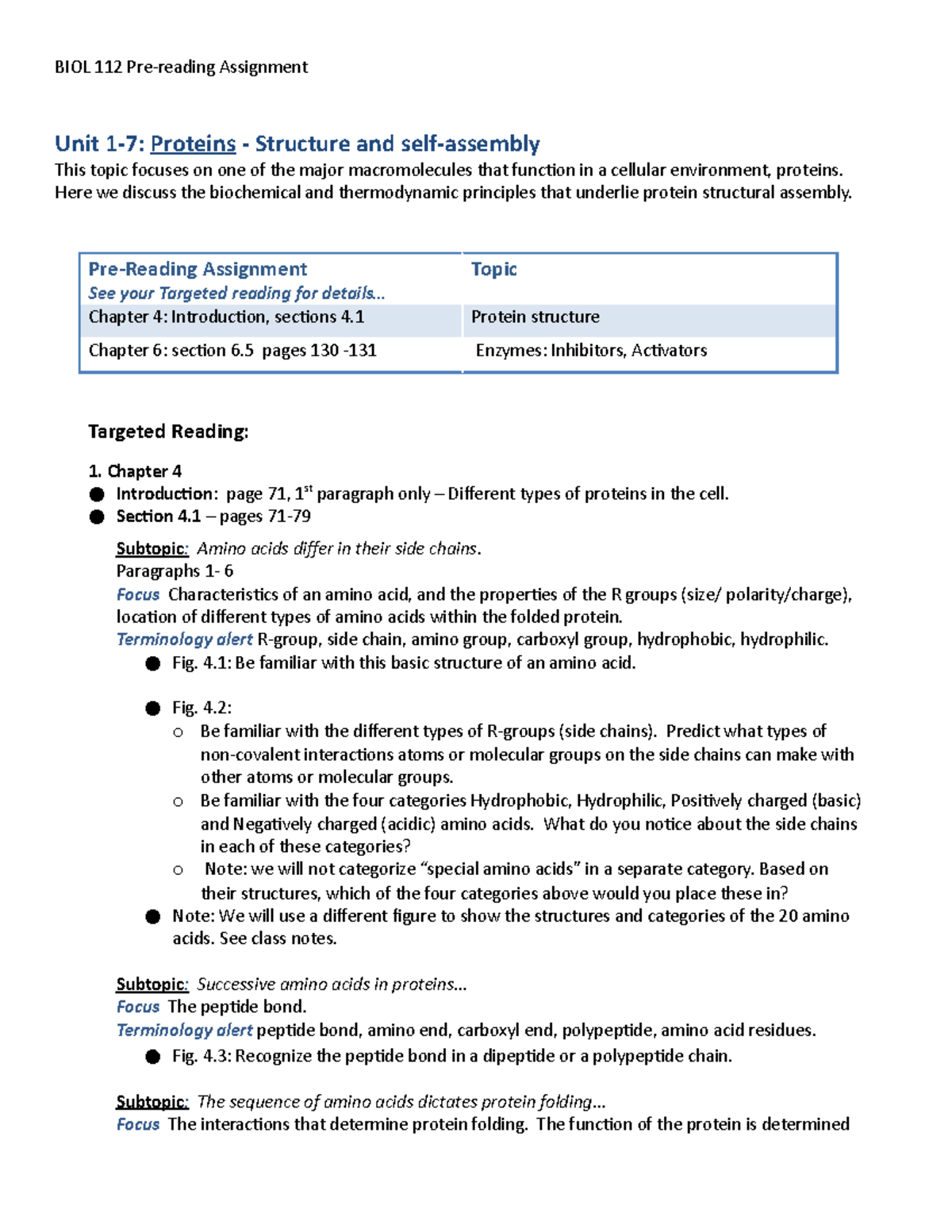 7 Unit 1.7 Protein Structure (3ed) Student - BIOL 112 Pre-reading ...