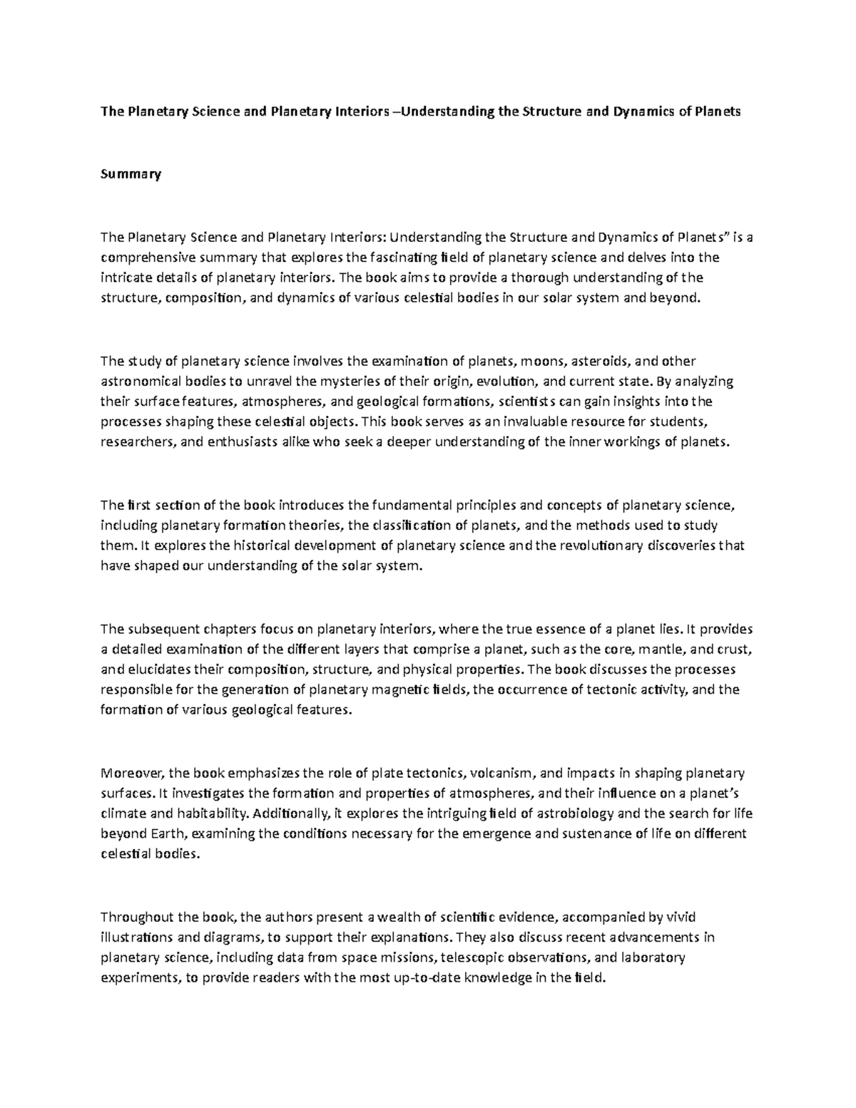 The Planetary Science and Planetary Interiors –Understanding the ...