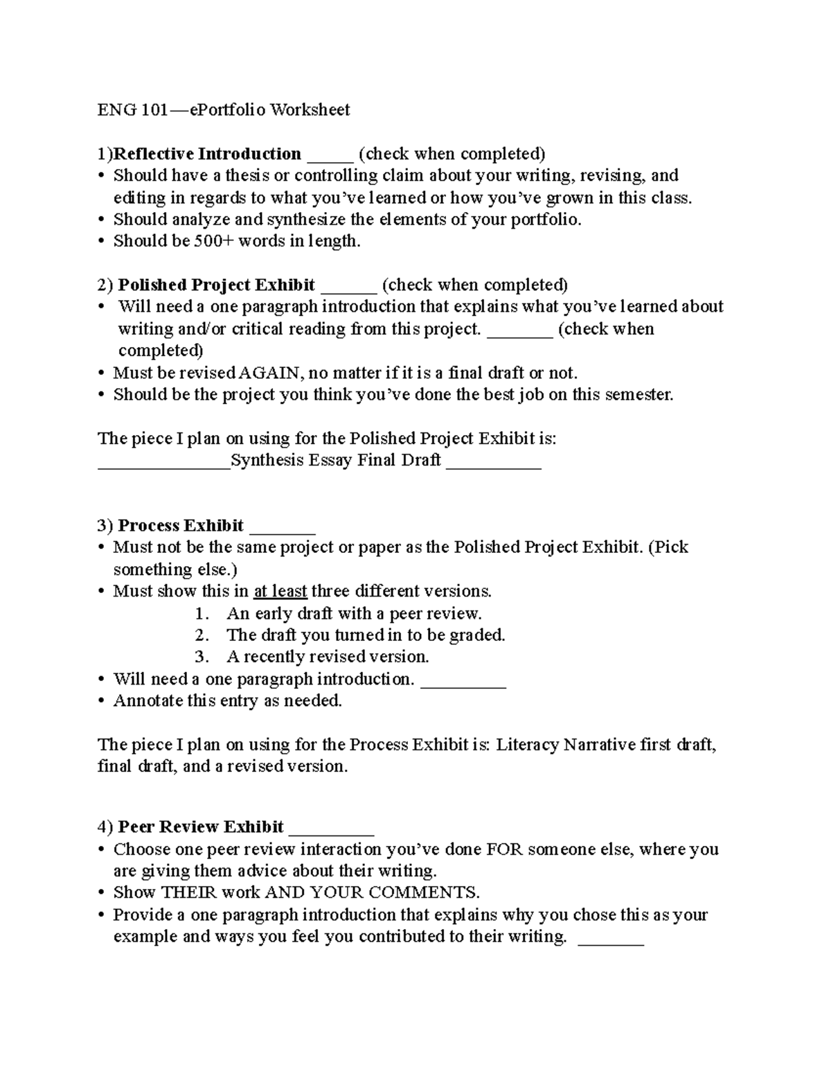 E Portfolio Organization Worksheet - ENG 101—ePortfolio Worksheet 1 ...