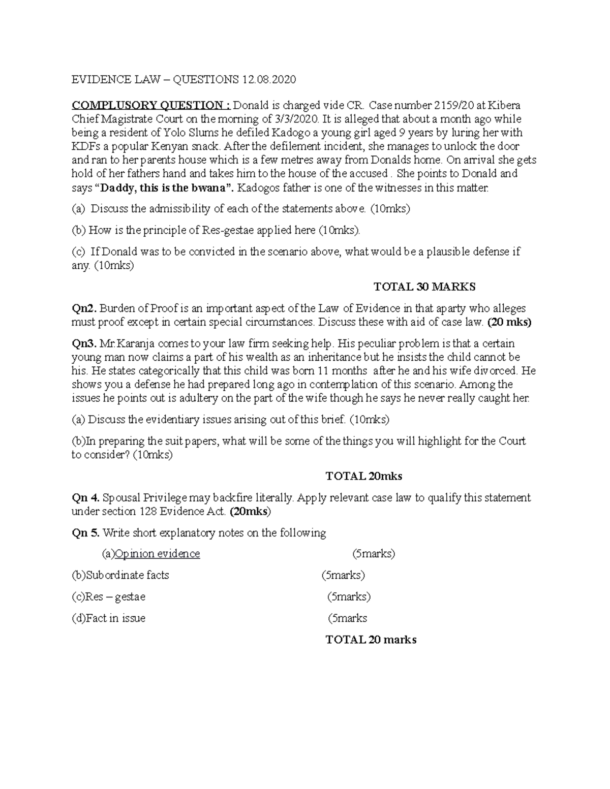 Evidence LAW - Questions 12 - EVIDENCE LAW – QUESTIONS 12. COMPLUSORY ...