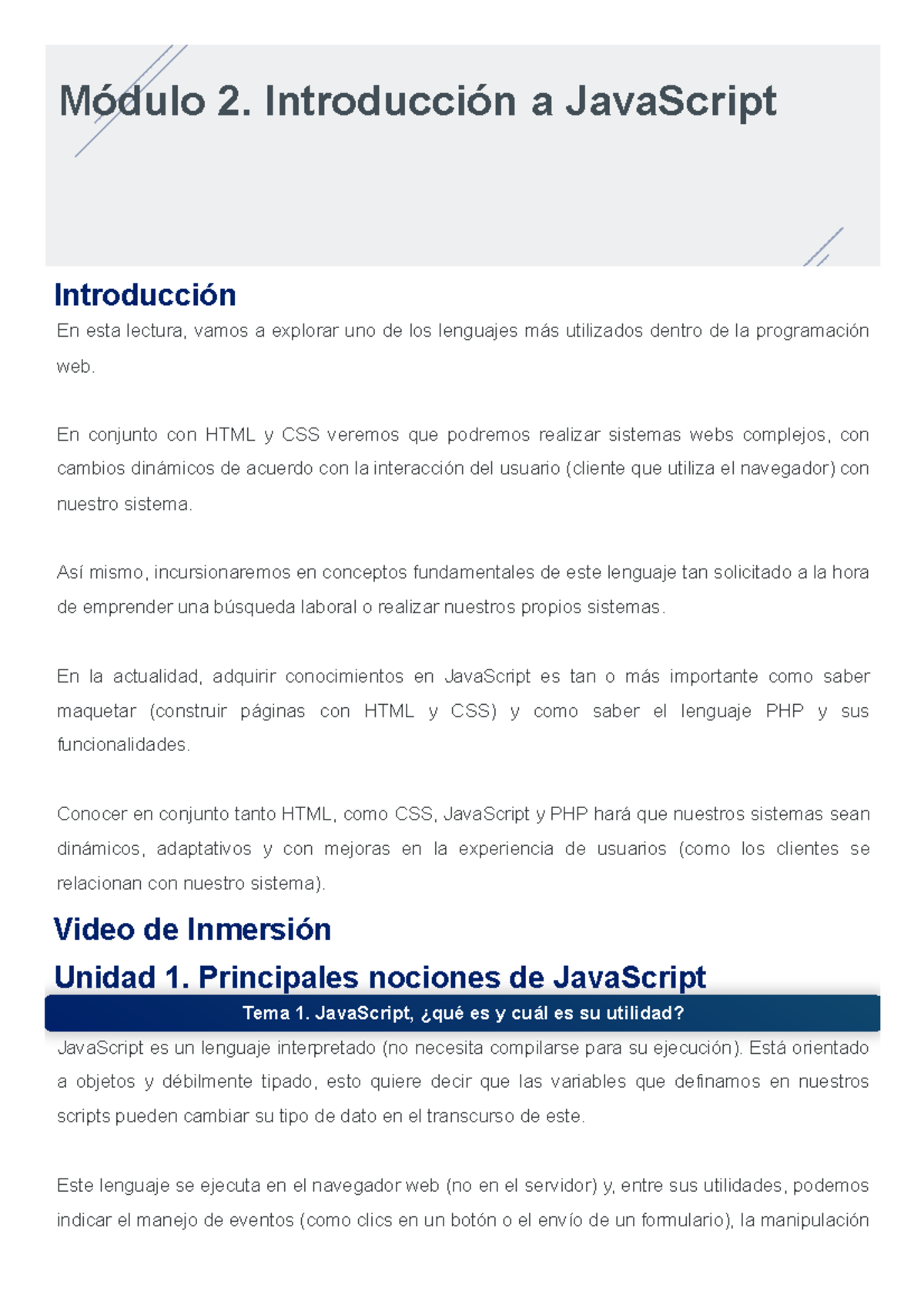 Sljavam 2 - Resumen Malla curricular ipp - Módulo 2. Introducción a JavaScript Introducción En ...