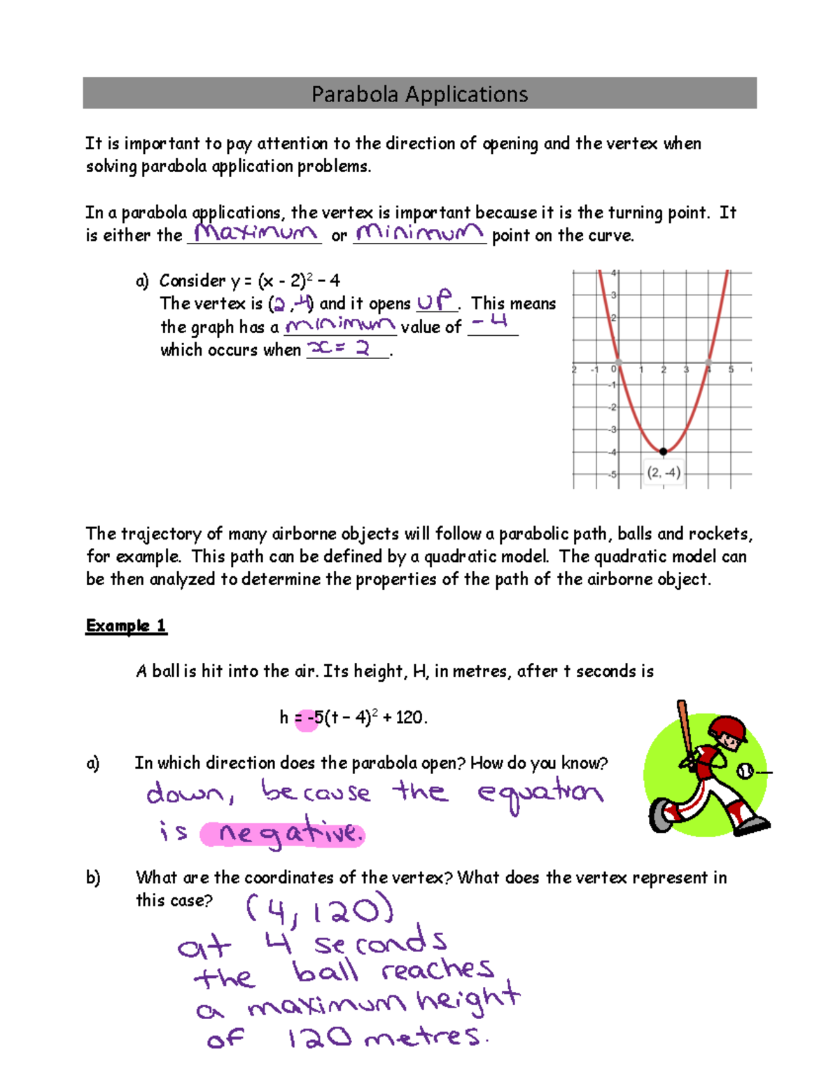 2.6 Applications Solutions Copy - Parabola Applications It is important ...