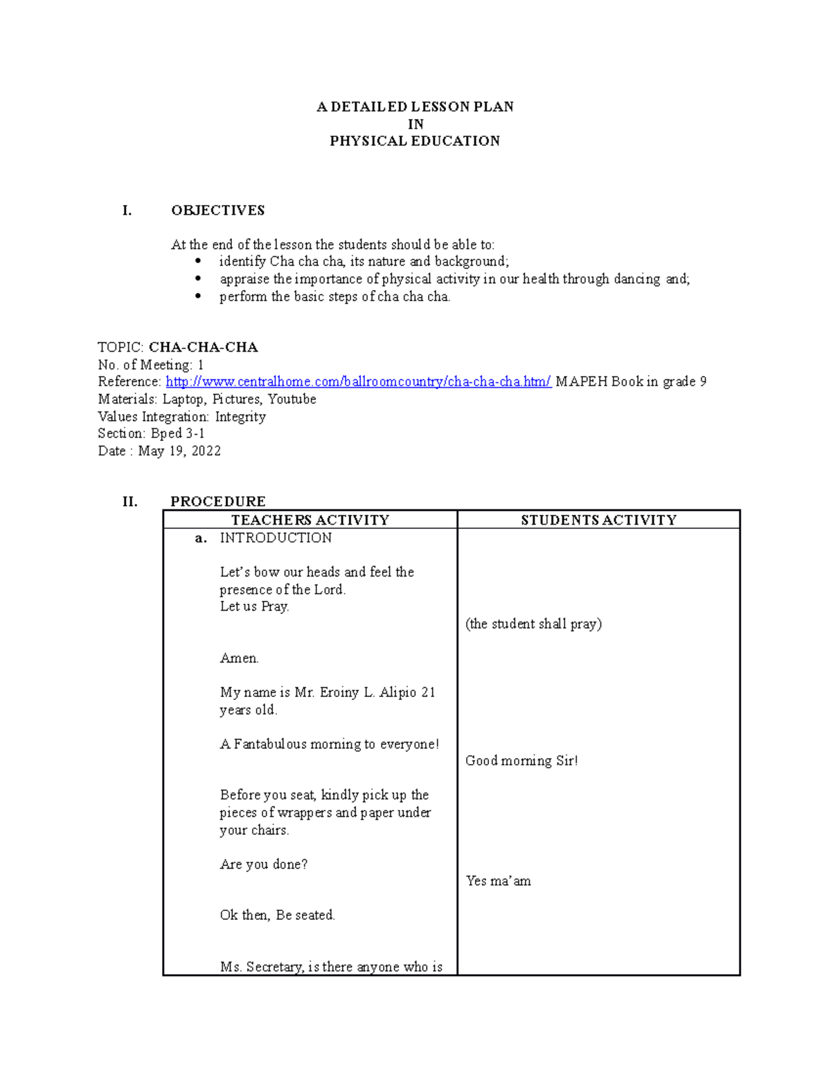 DLP( Alipio)- Curriculum - A DETAILED LESSON PLAN IN PHYSICAL EDUCATION ...