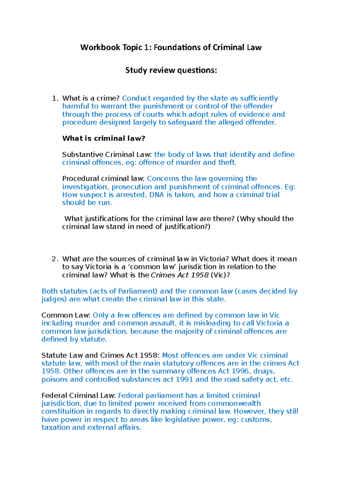Criminal law summary notes - Workbook Topic 1: Foundations of Criminal ...