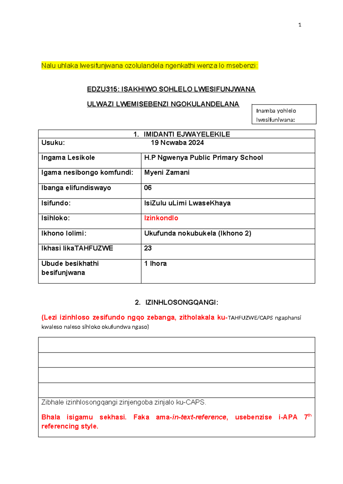 EDZU315 Lesson PLAN - Nalu uhlaka lwesifunjwana ozolulandela ngenkathi ...