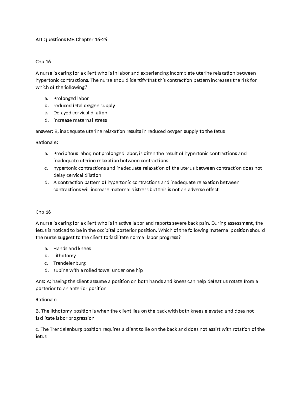 ATI Questions MB Chapter 16- 27 - ATI Questions MB Chapter 16- Chp 16 A ...