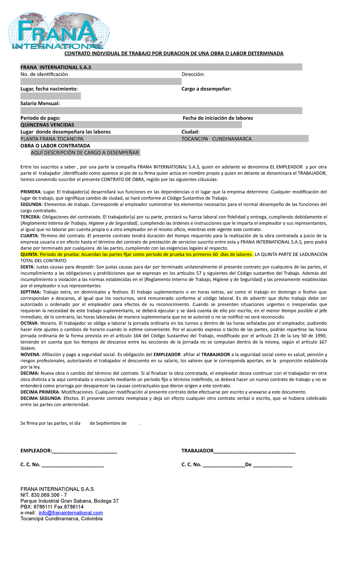Contrato de obra o labor - CONTRATO INDIVIDUAL DE TRABAJO POR DURACION ...