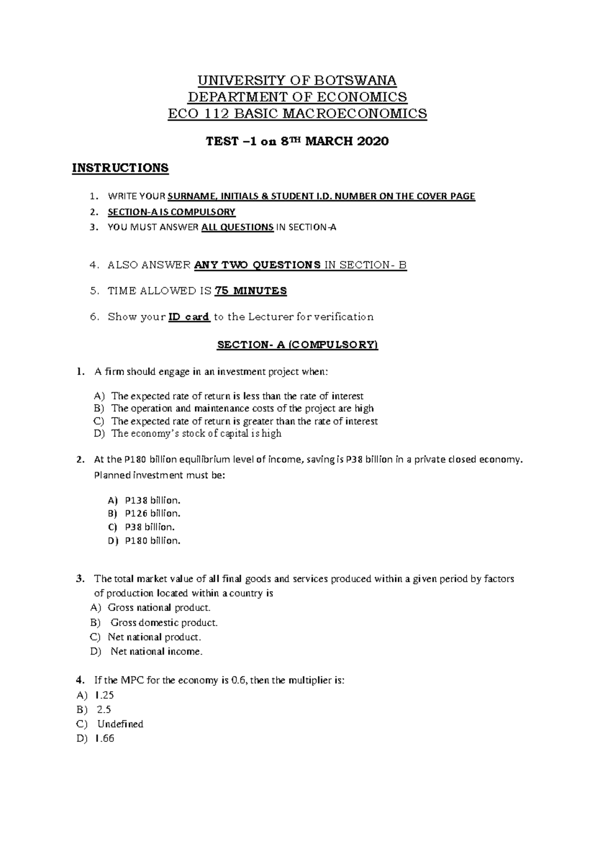 ECO 112 2020 Test 1 - PAST TEST - UNIVERSITY OF BOTSWANA DEPARTMENT OF ...