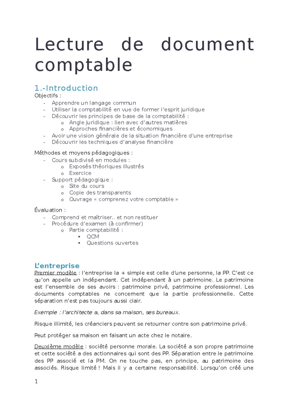 Lecture de document comptable -Introduction Objectifs : - Apprendre un ...