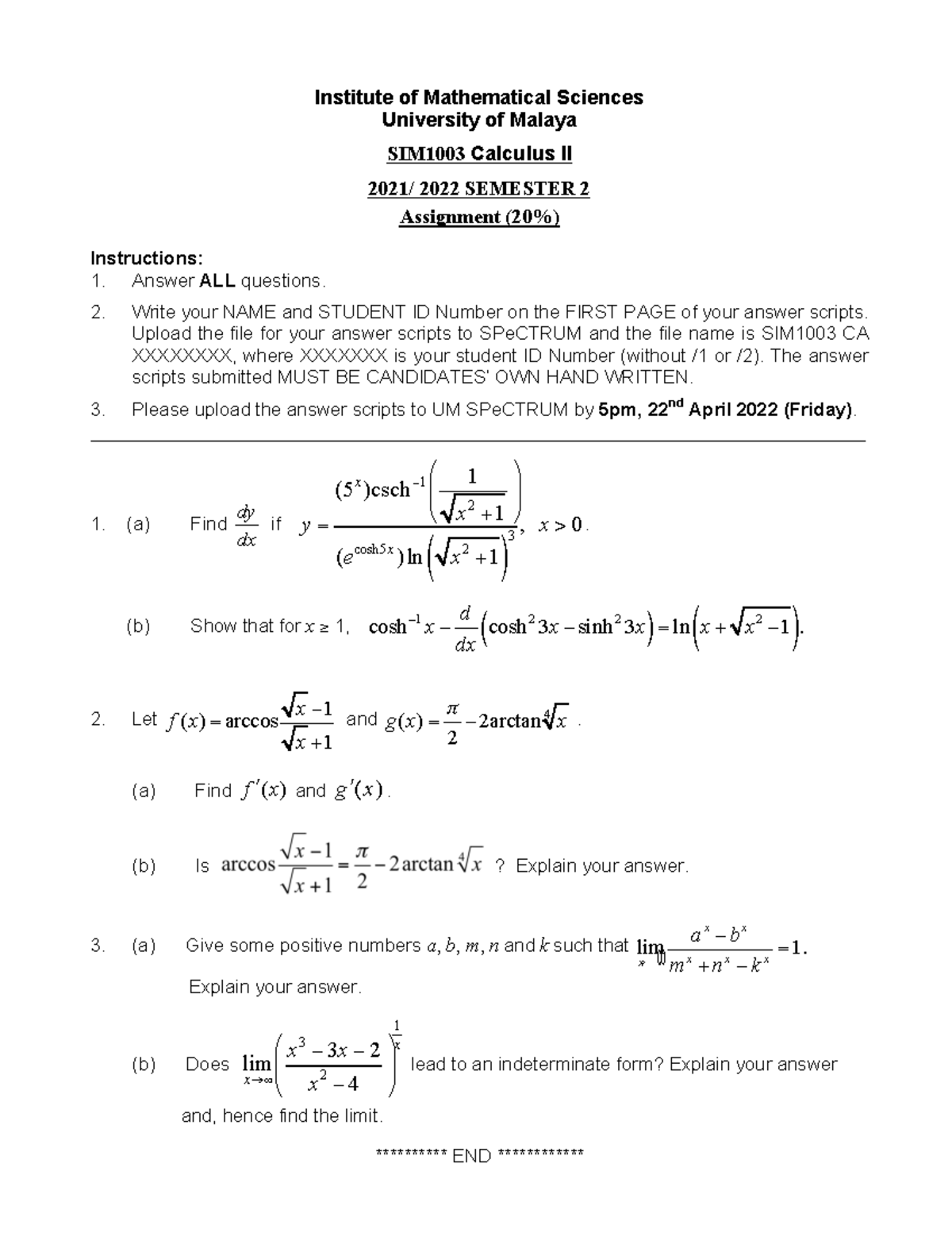 Calculus Assignment Sem 2 Institute Of Mathematical Sciences