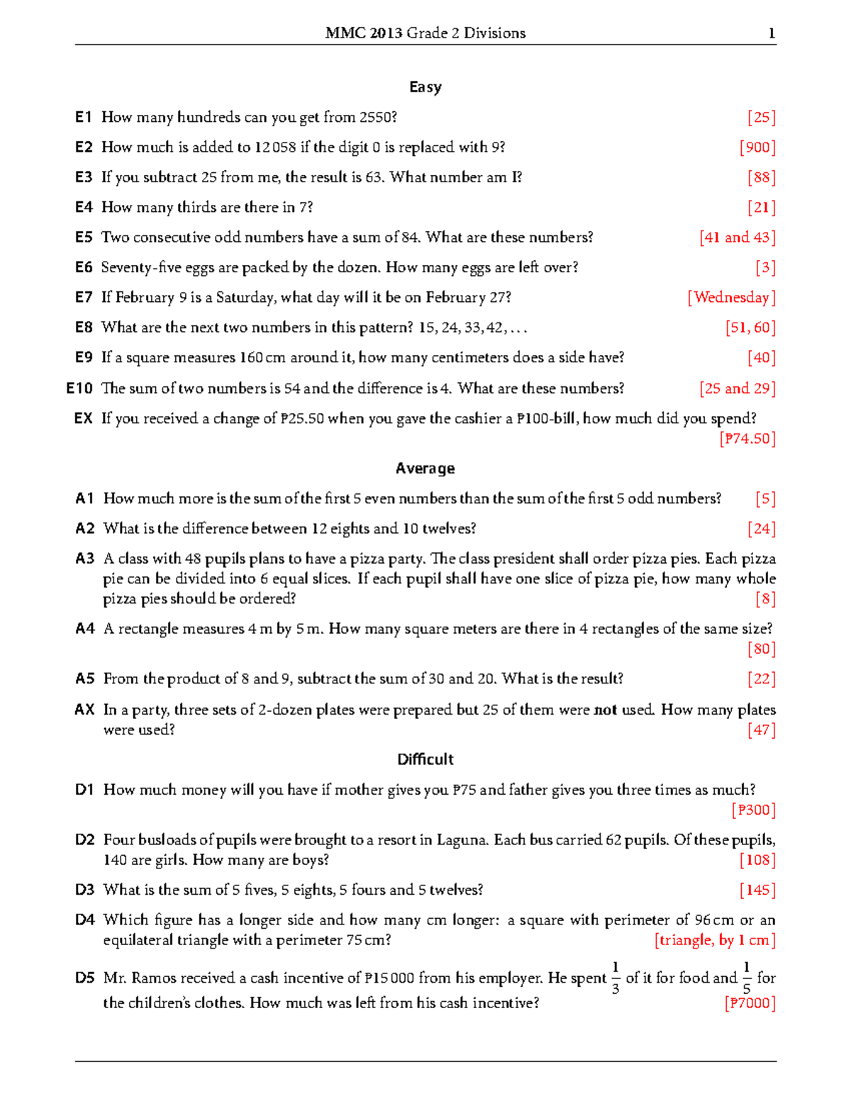 MMC 2013 Gr2 Div - MTAP - MMC 2013 Grade 2 Divisions 1 Easy E 1 How ...