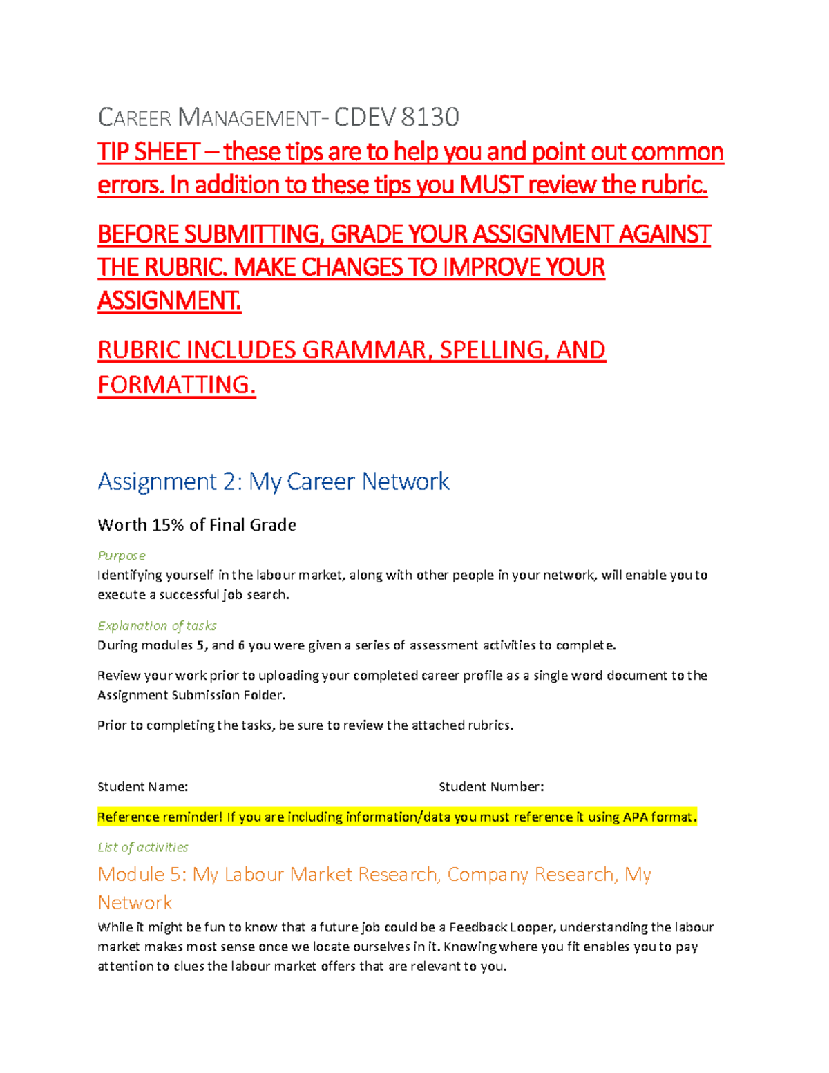 Assignment 2 Cheat Sheet - CAREER MANAGEMENT- CDEV 81 30 TIP SHEET ...