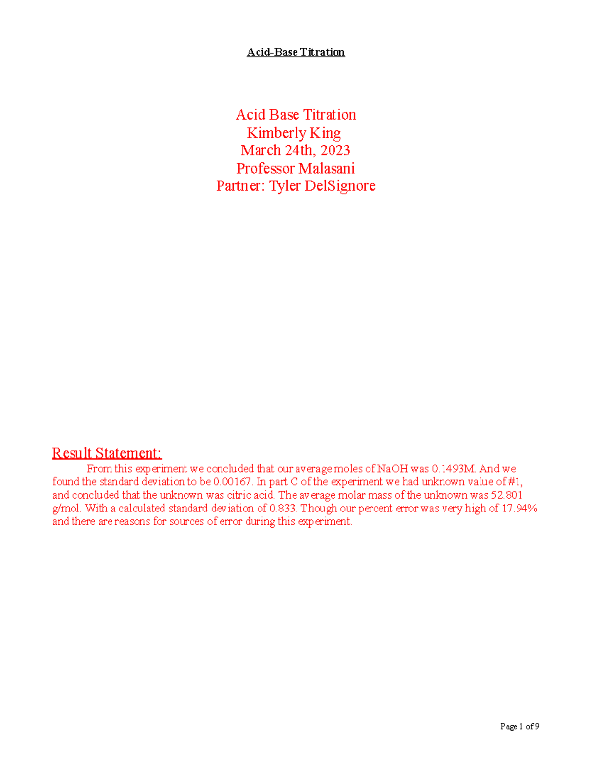 Student Acid Base Titration+1 2023 - Acid Base Titration Kimberly King ...