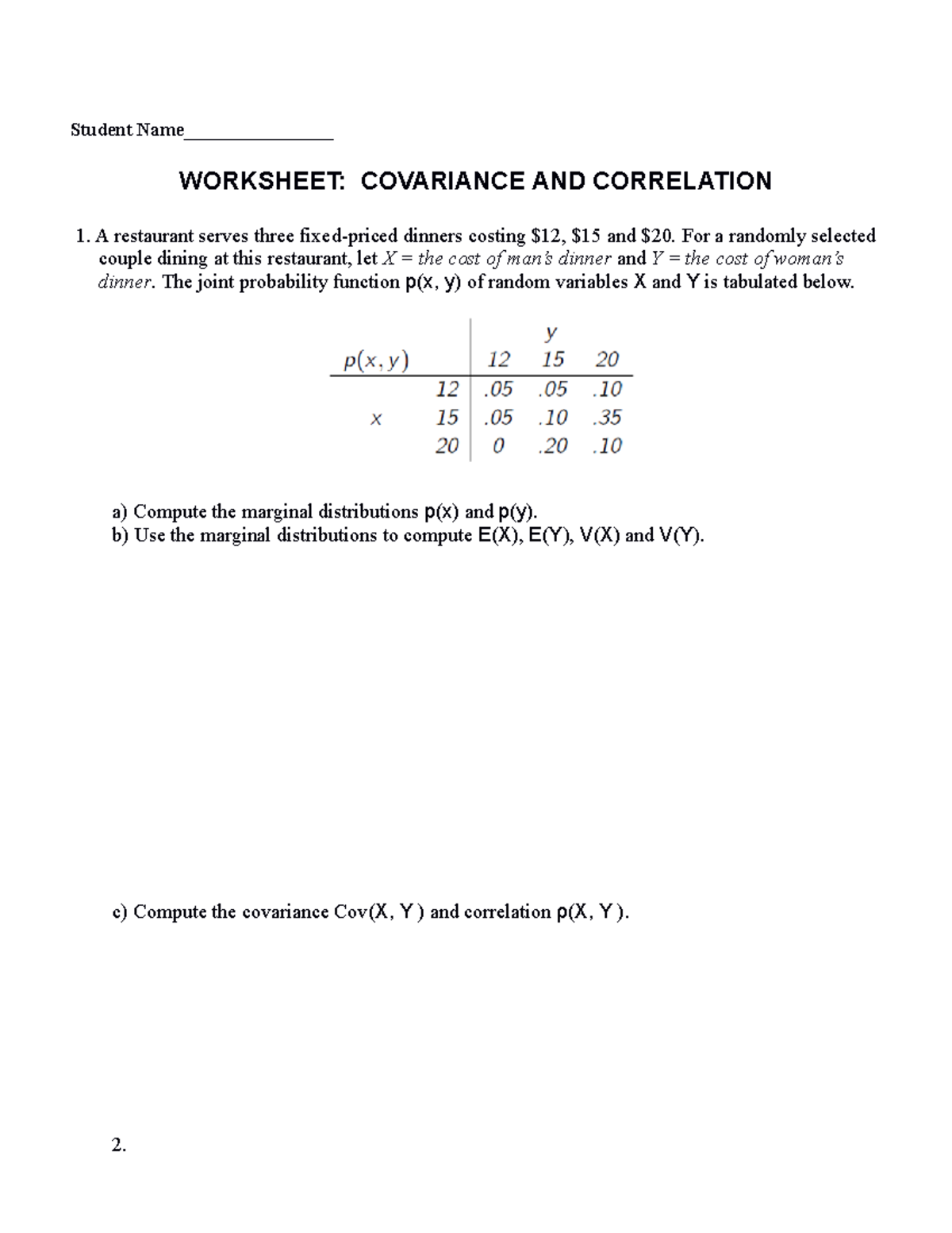 @@Worksheet-Covariance and correlation - Student Name ...