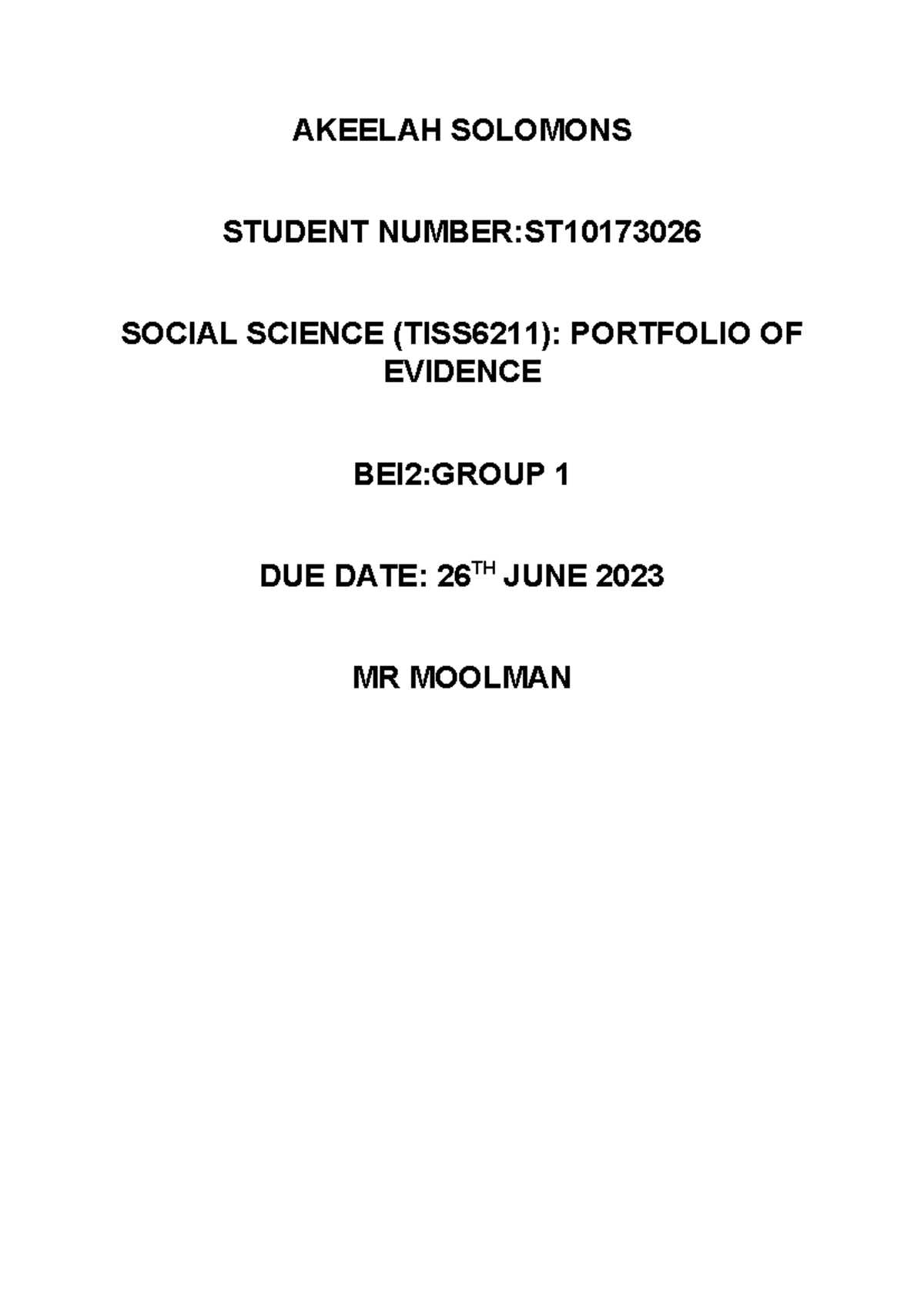 Social Science Portfolio of Evidence - AKEELAH SOLOMONS STUDENT NUMBER ...