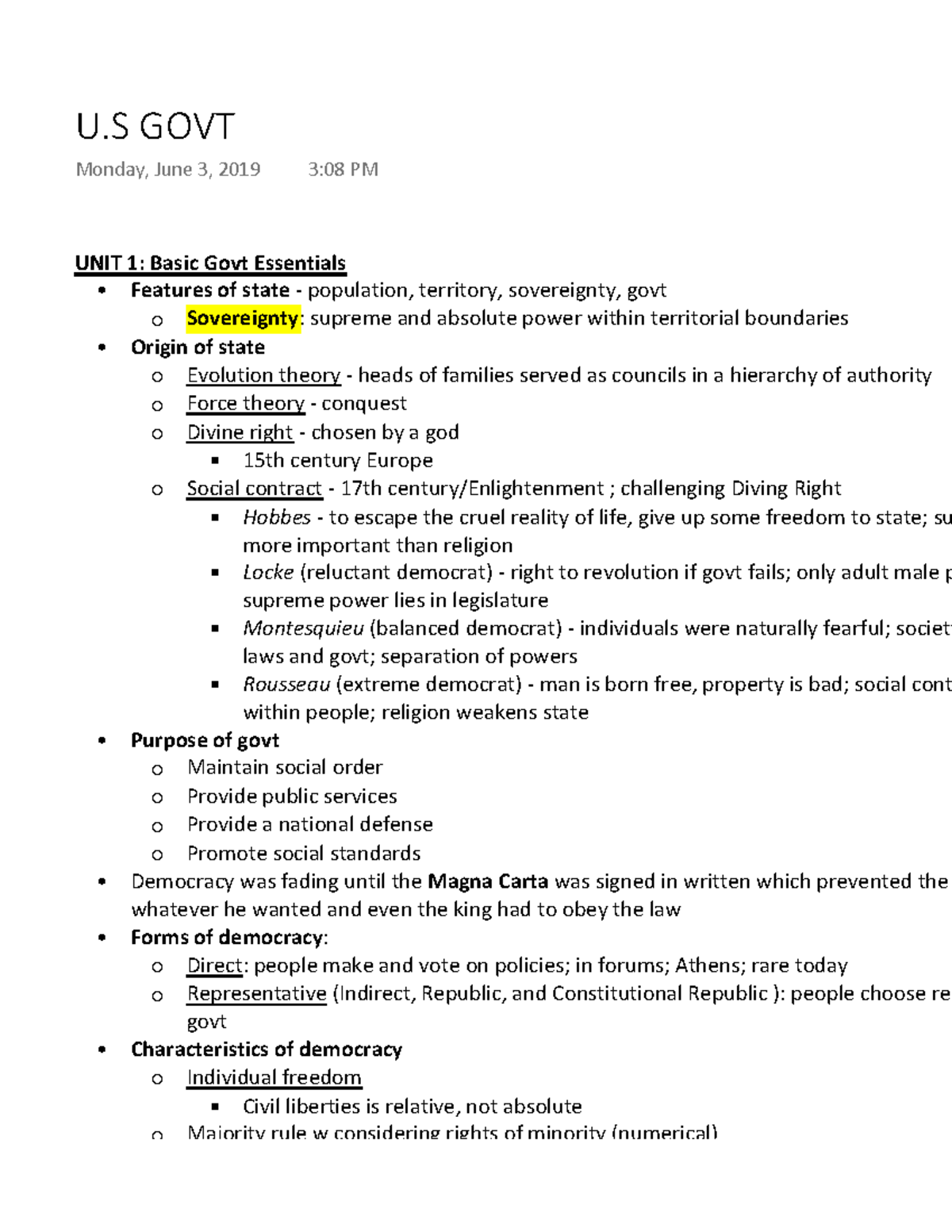U.S GOVT-1 - govt notes - UNIT 1: Basic Govt Essentials Features of ...