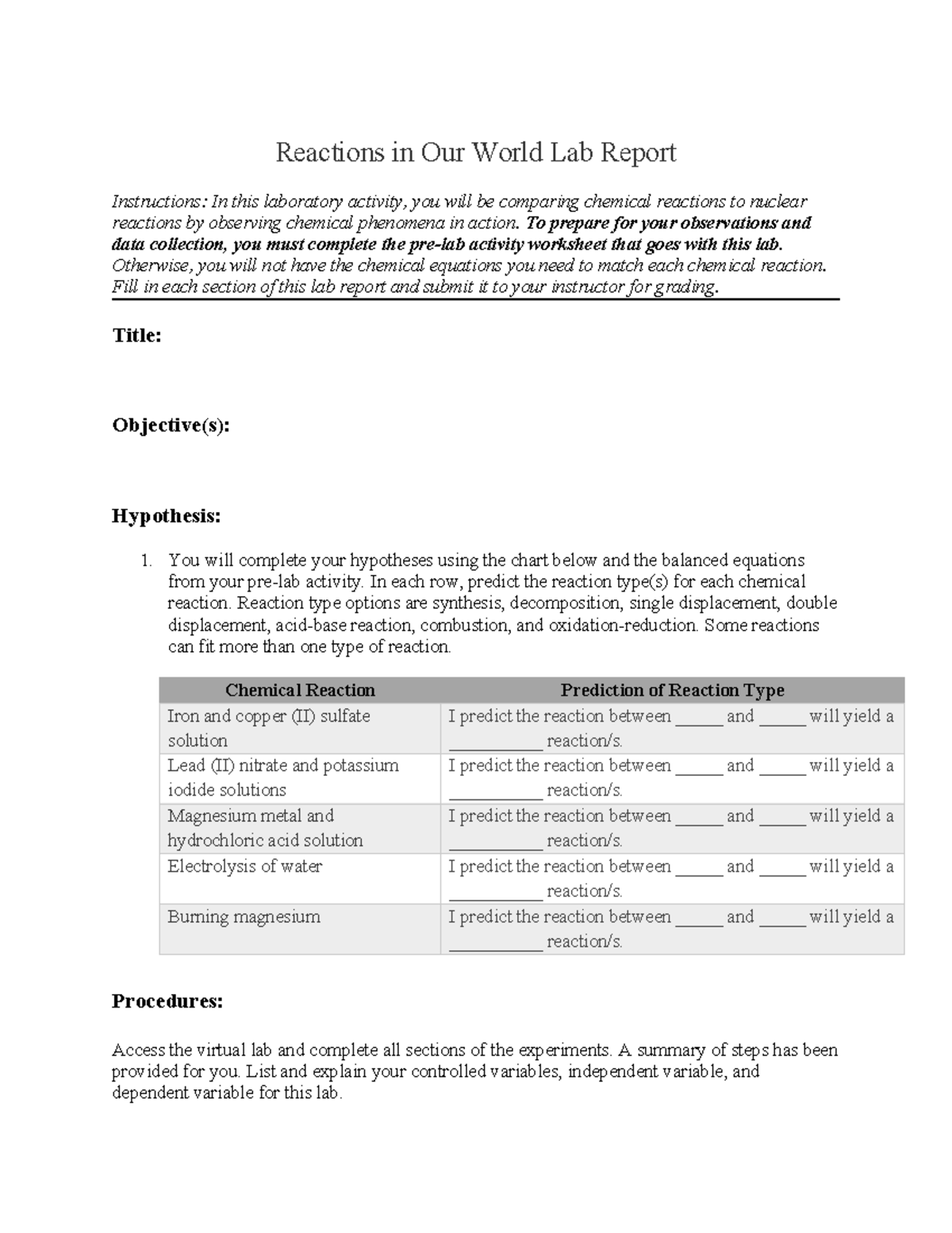 Lab report - Reactions in Our World Lab Report Instructions: In this ...