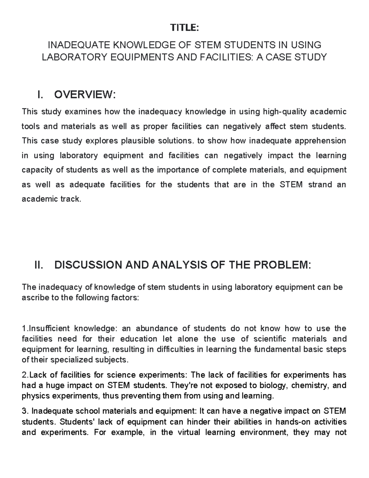 CASE- Study - TITLE: INADEQUATE KNOWLEDGE OF STEM STUDENTS IN USING ...