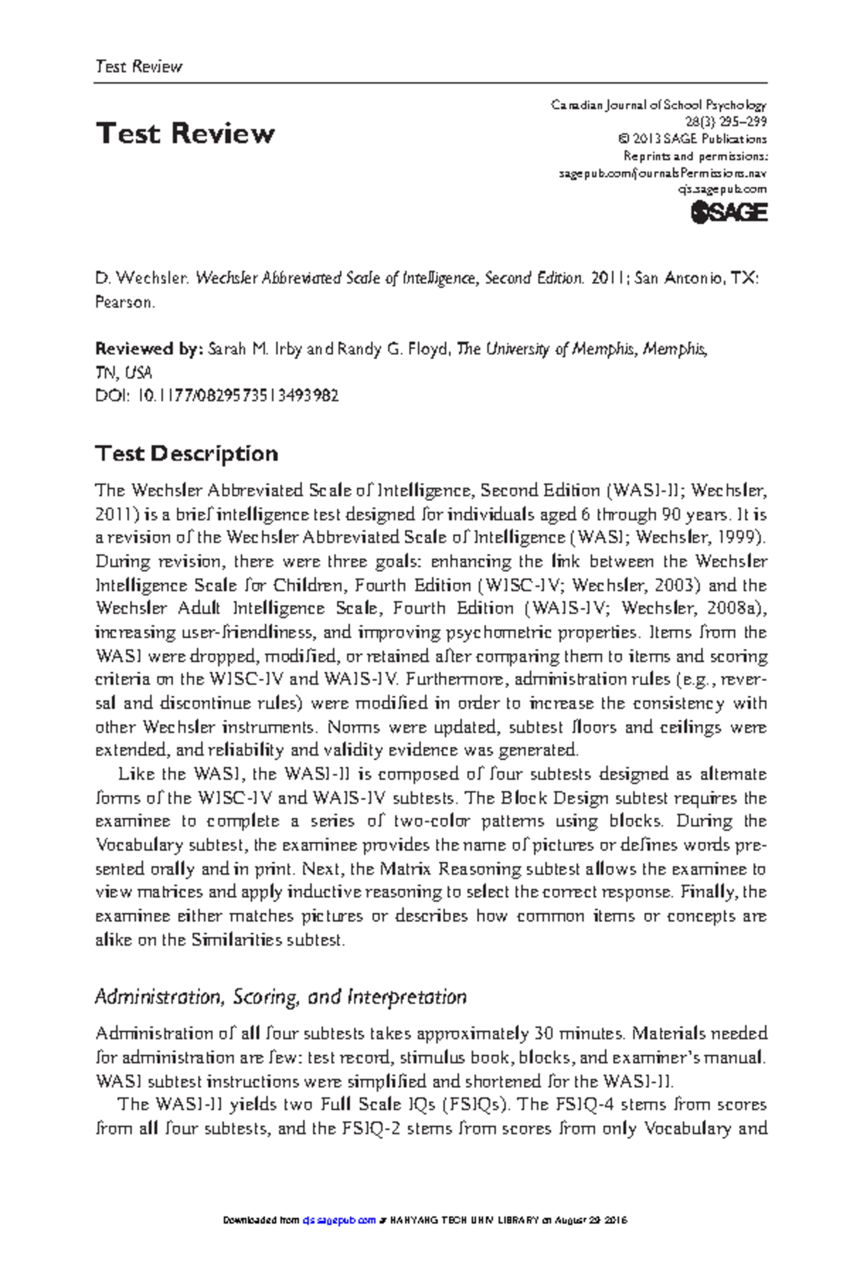 Intelligence Test Article - Canadian Journal of School Psychology 28(3 ...