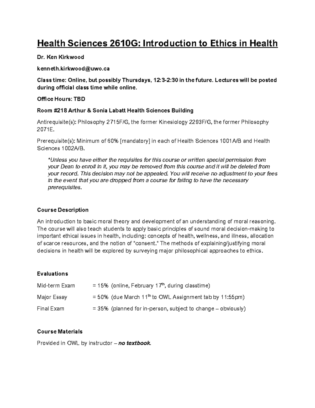 HS 2610 - 2022 syllabus - final - Health Sciences 2610G: Introduction ...