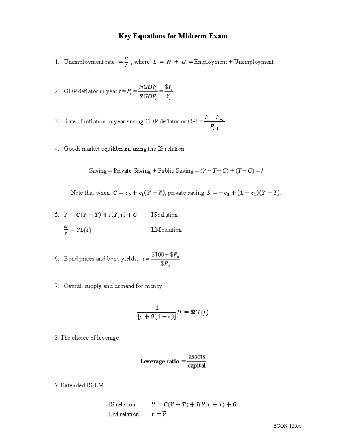 Key Equations Midterm 1 - Key Equations for Midterm Exam , where ...