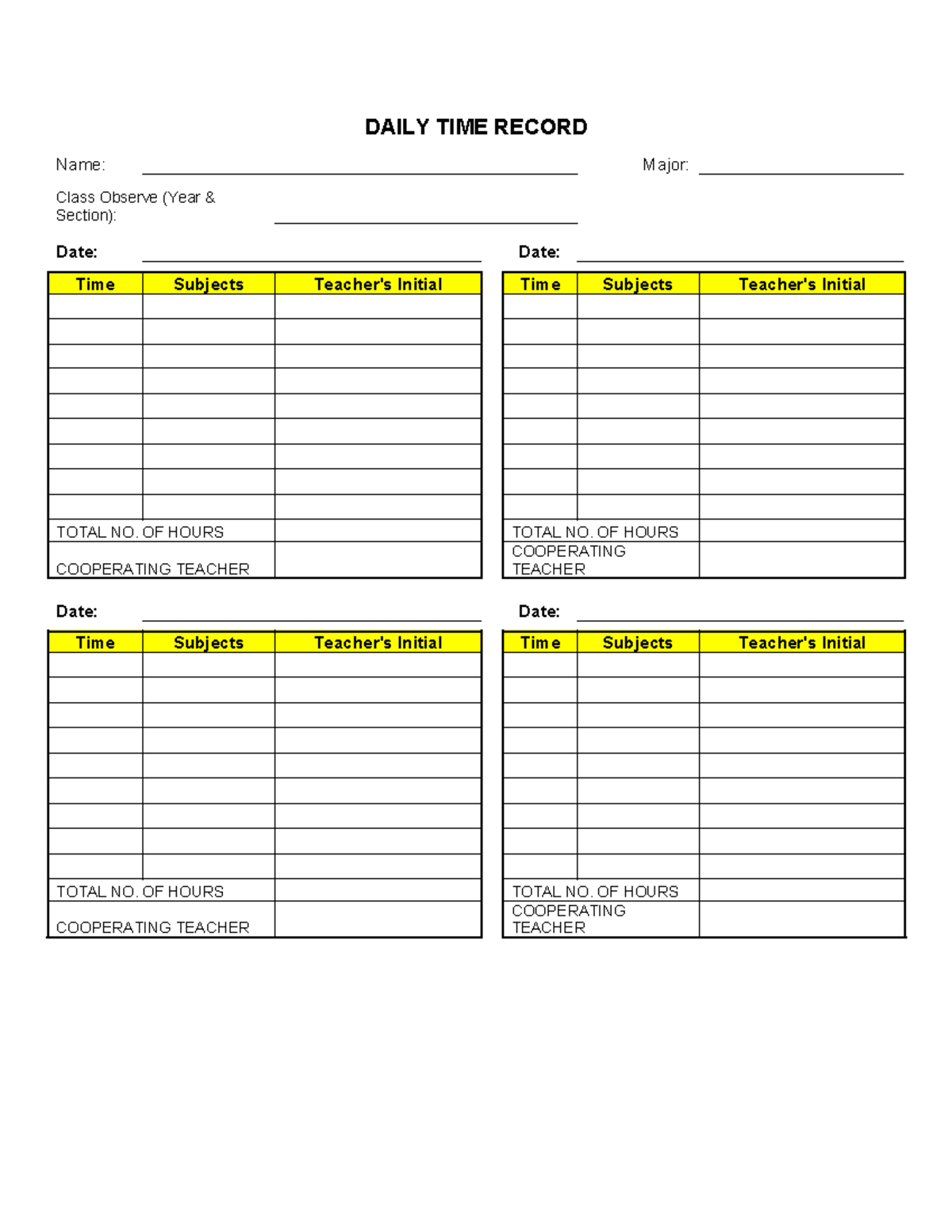 DTR - DTR - Secondary Education - DAILY TIME RECORD Name: Major: Class ...
